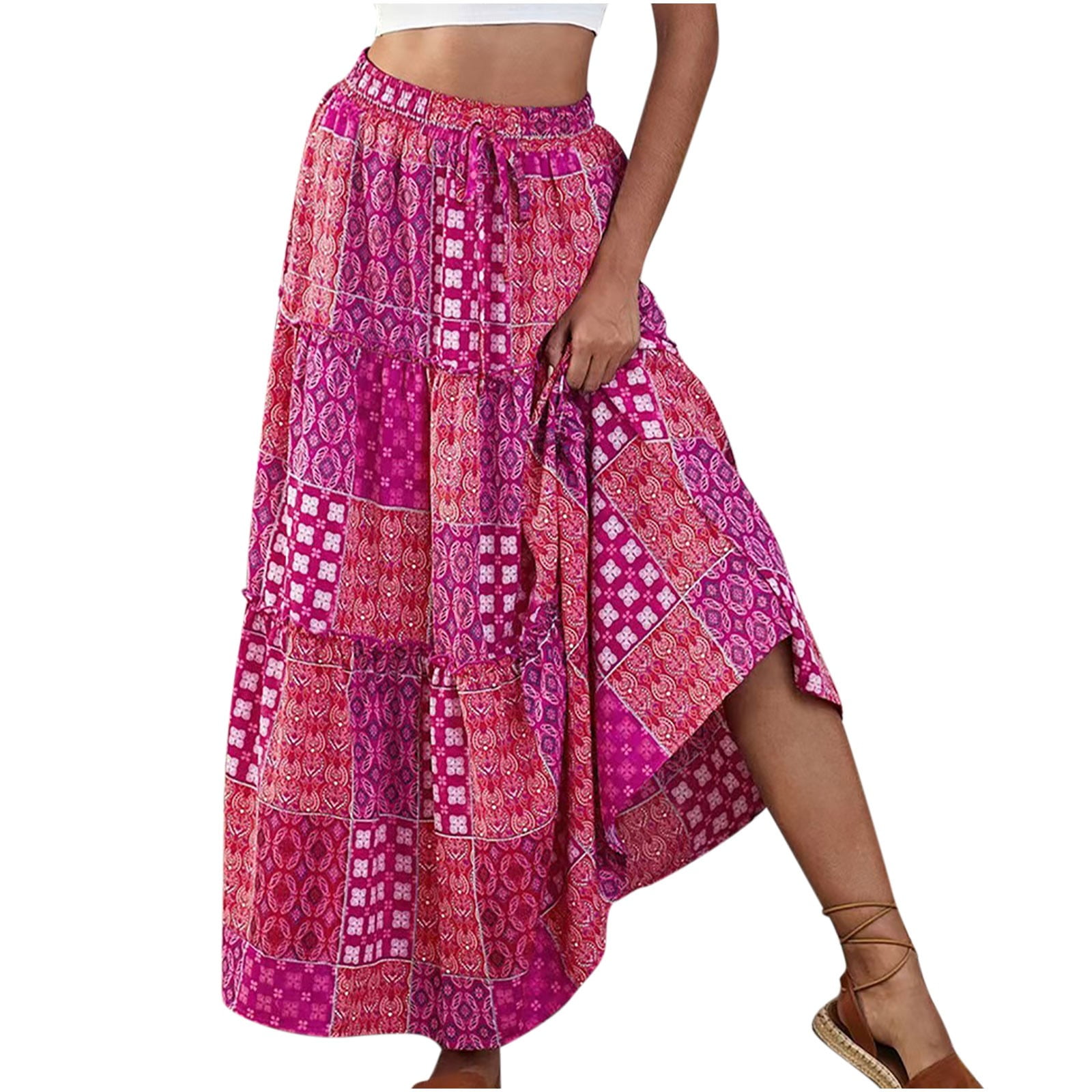 Women's Boho Maxi Skirts Elastic Waist Drawstring Tiered Skirt Summer A ...