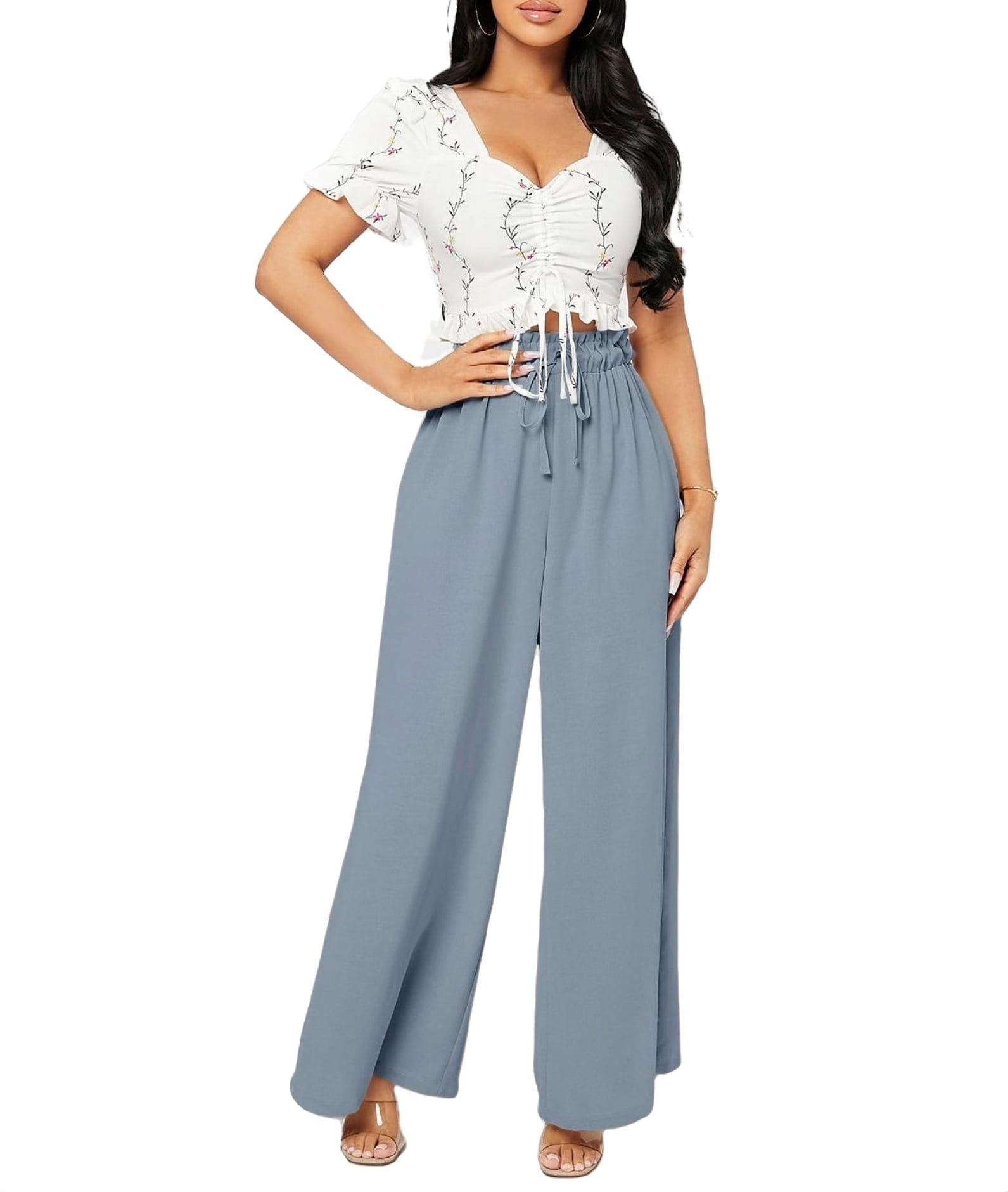 Women's Boho Plain Wide Leg Dusty Blue Pants Petite XXS (0) - Walmart.com