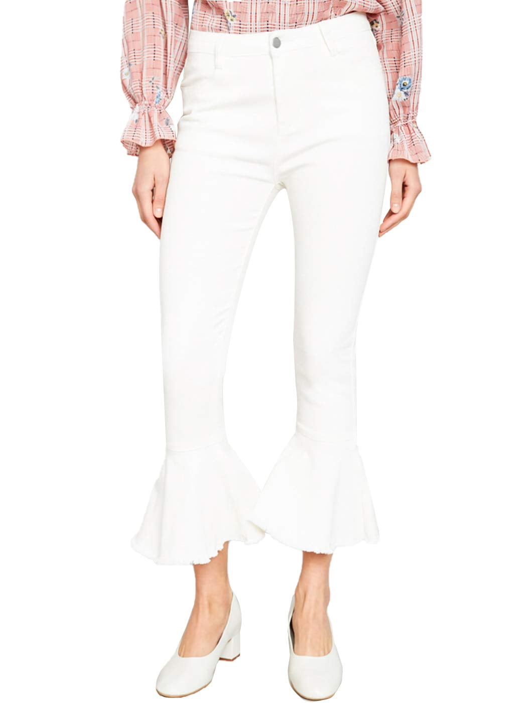 Women's Boho Ripped Frayed Raw Ruffle Hem Denim Jeans Flared Pants ...