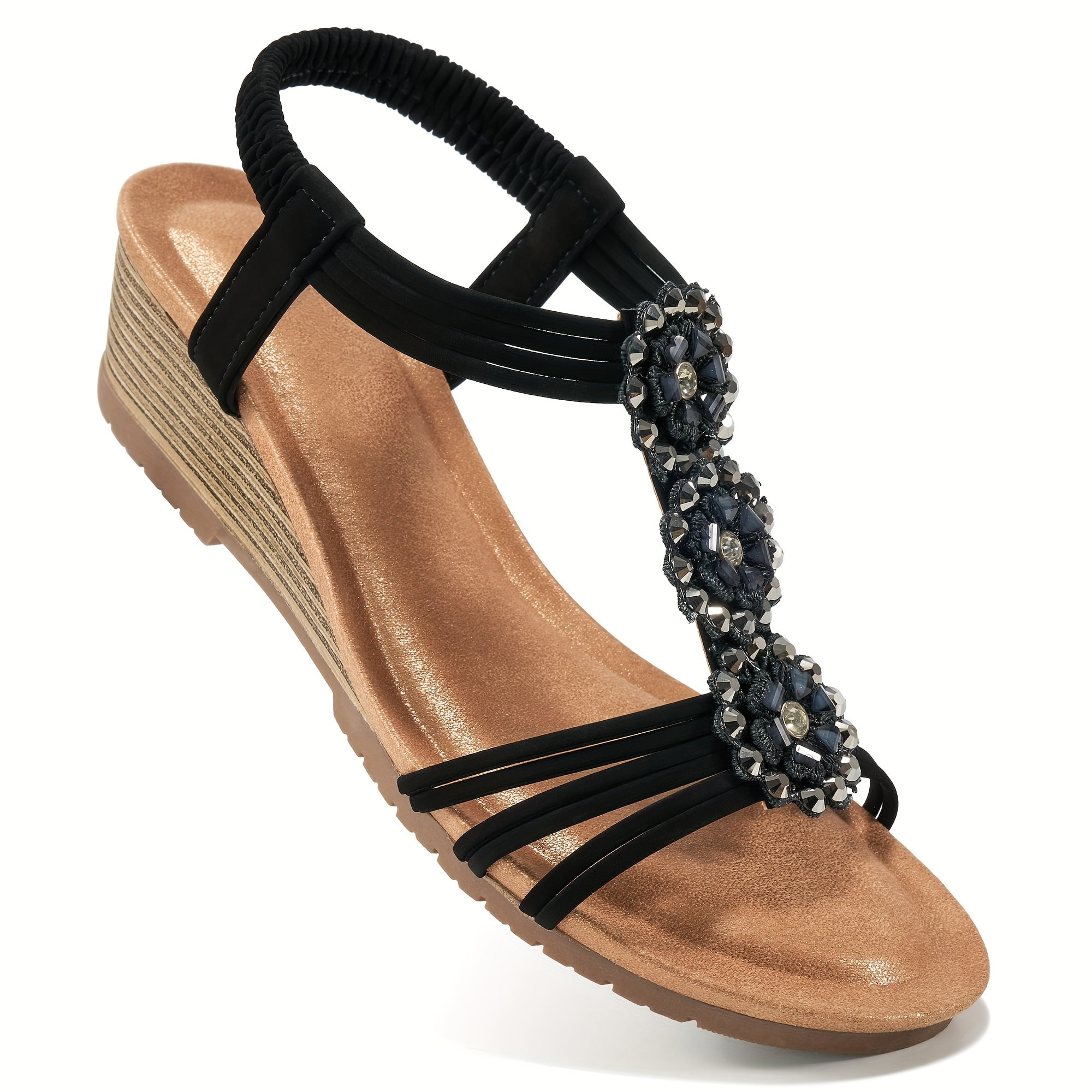 Women's Boho Style Wedge Sandals, Summer Elastic Strap Slip On Shoes ...