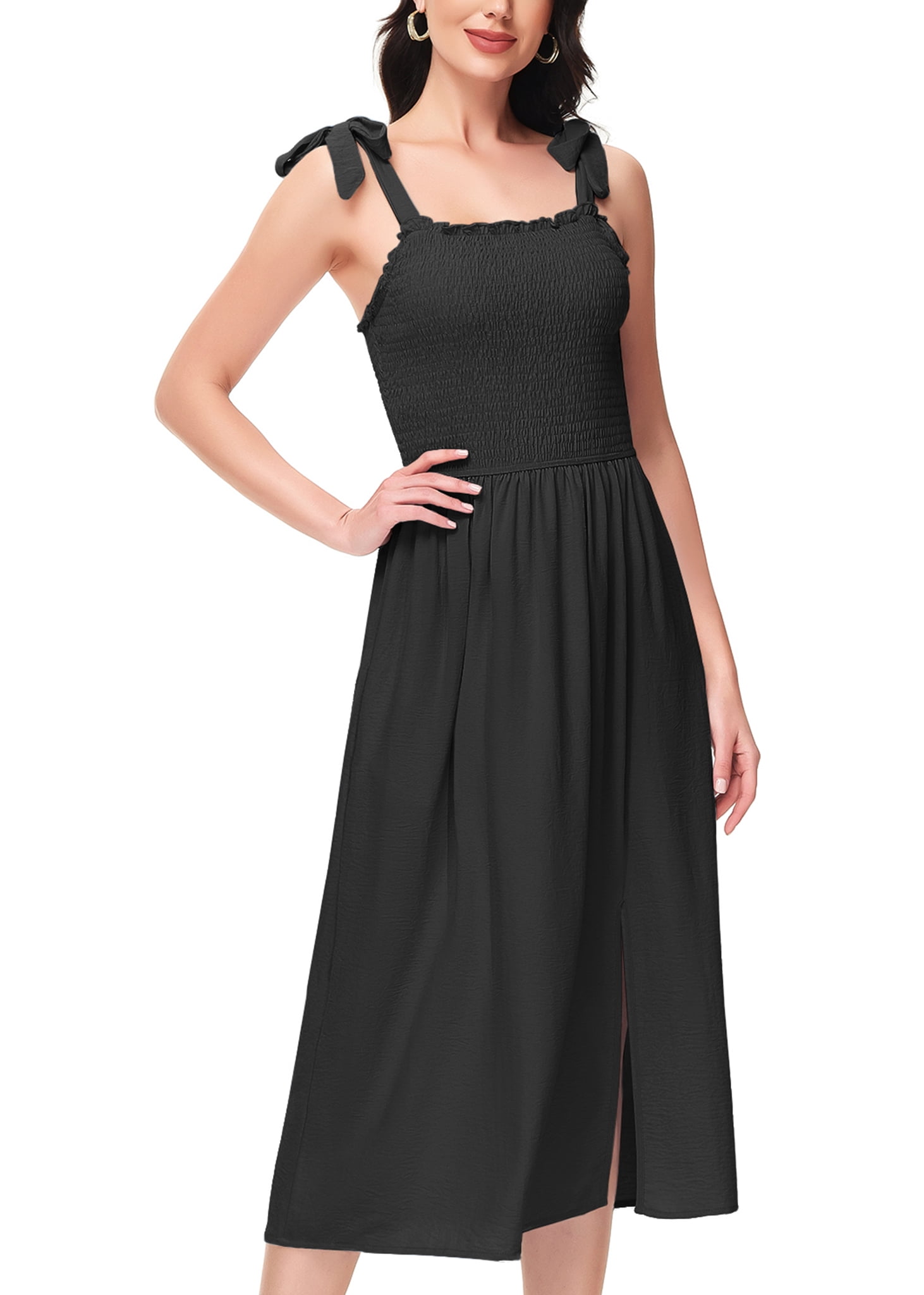 Women's Boho Summer Sleeveless Tie Straps Square Neck Smocked Split ...