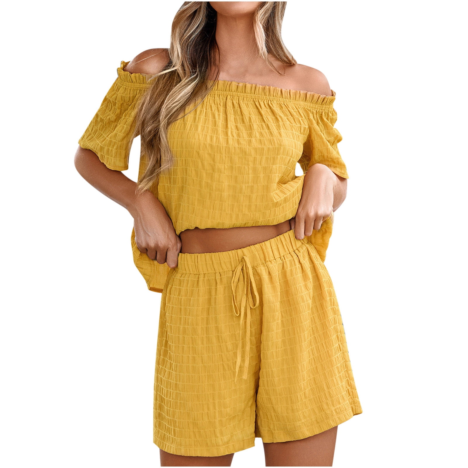 Women's Boho Two Piece Outfit Short Sleeve Ruffle Off Shoulder Top and ...