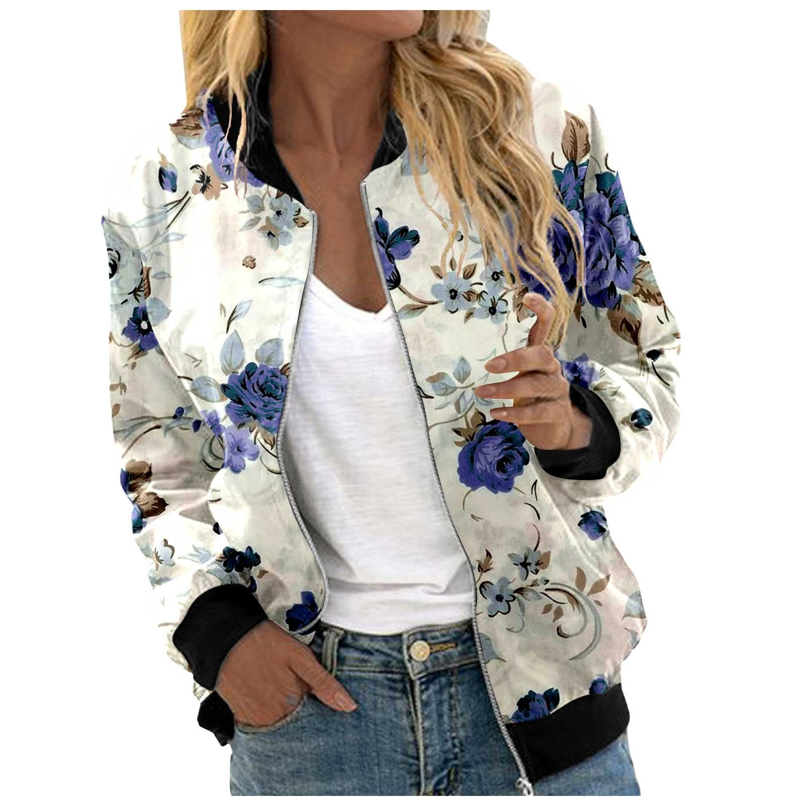 Women's Bomber Jacket Causal Floral Zip Up Long Sleeve Coat with ...