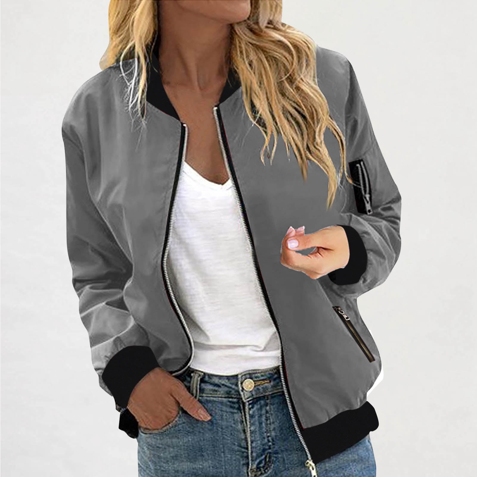 Women's Bomber Jackets Casual Lightweight Jacket Zip Up Long Sleeve ...