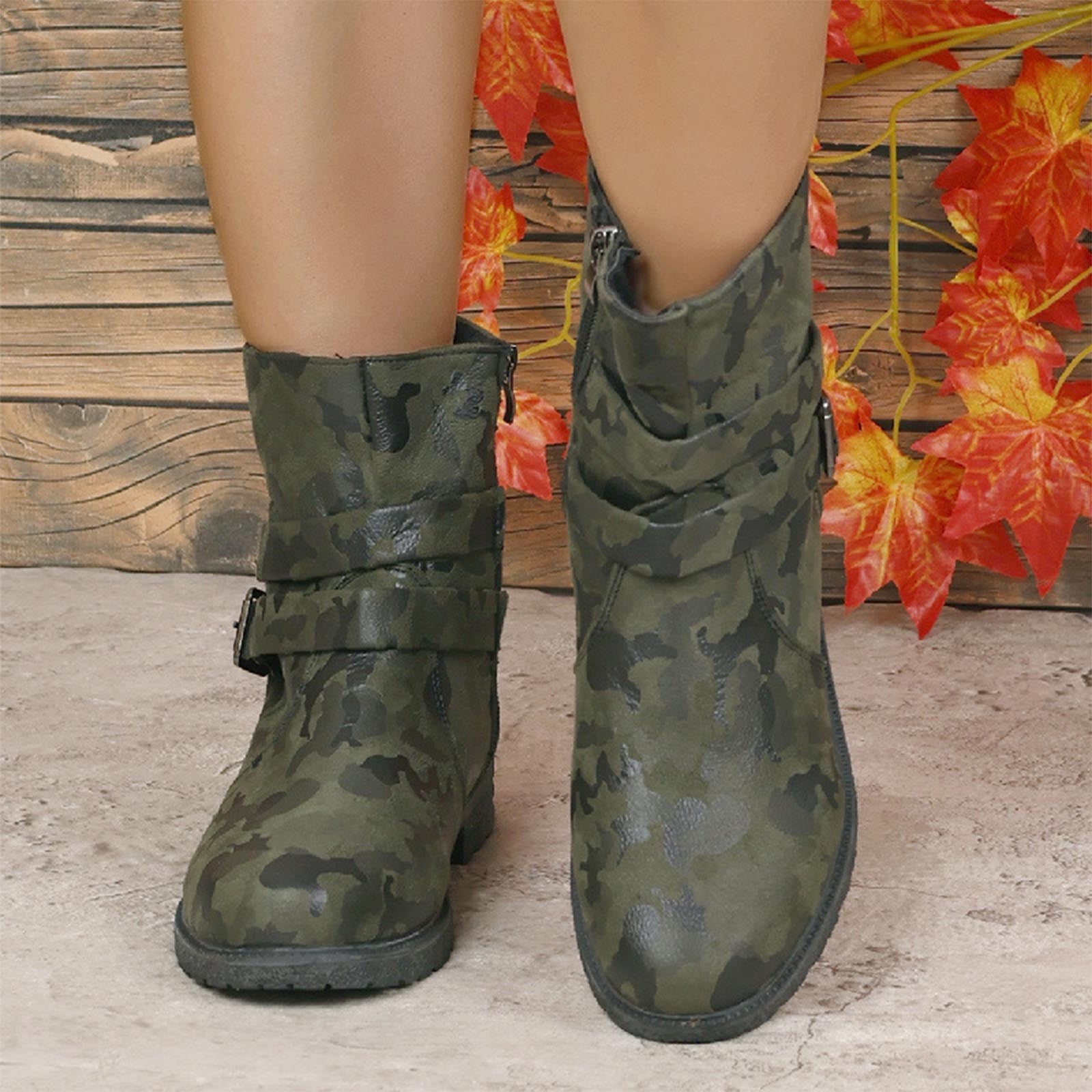 Women's Booties Camouflage Print Boot for Women Belt Buckle Side Zipper ...