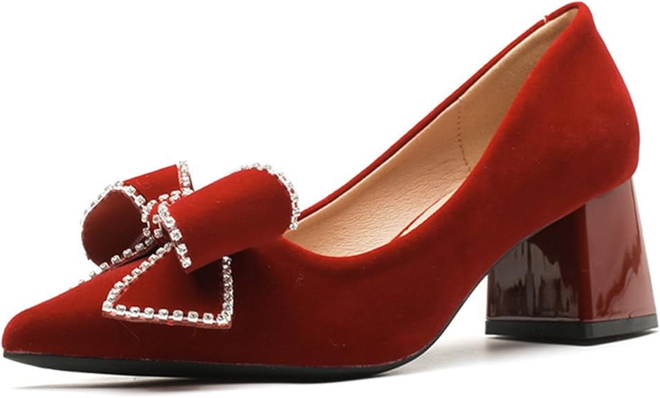 Women's Bow Chunky Heel Dress Pumps Fashion Pointed Toe Slip-On Mid ...