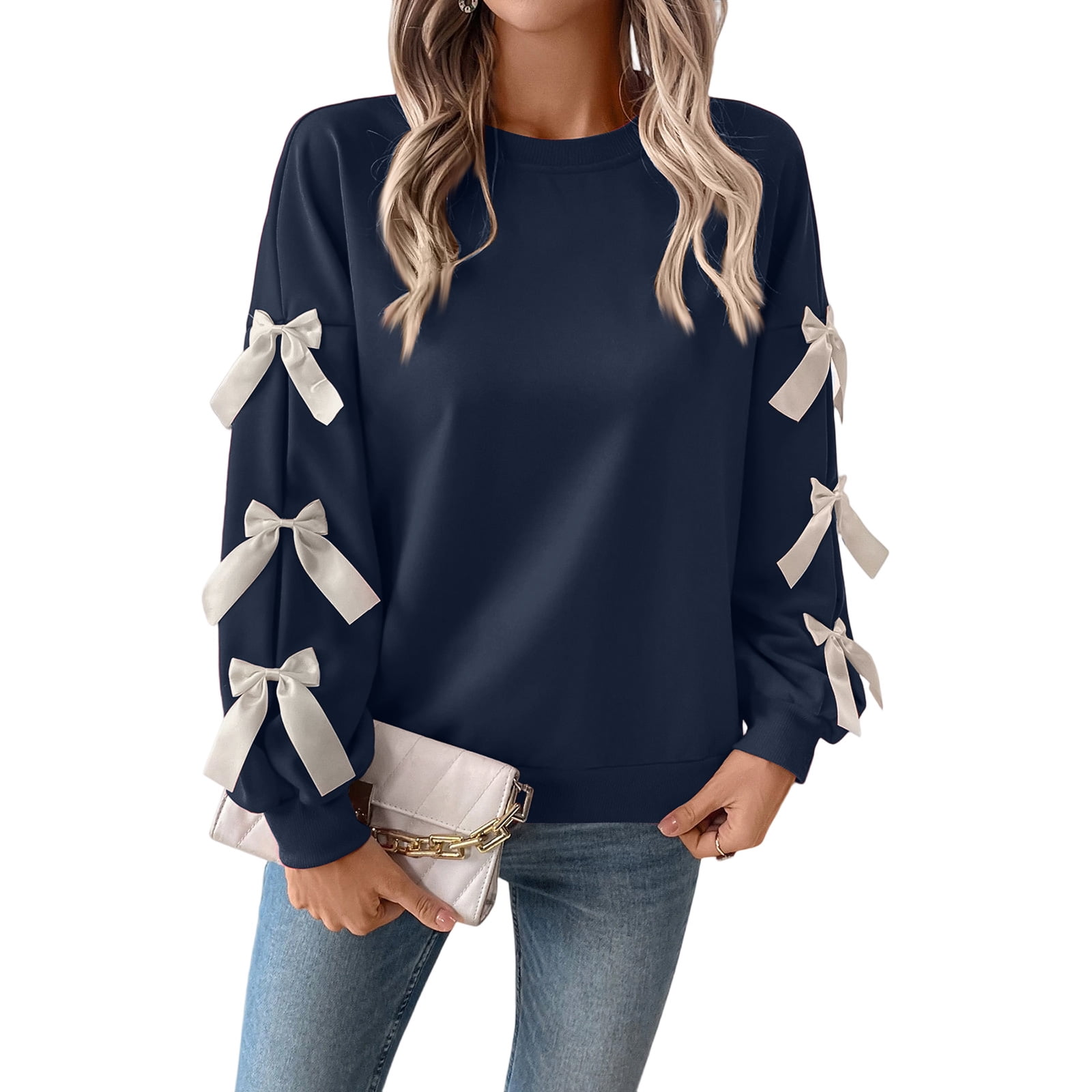 Women's Bow Crewneck Sweatshirt Long Sleeve Drop Shoulder Pullover ...