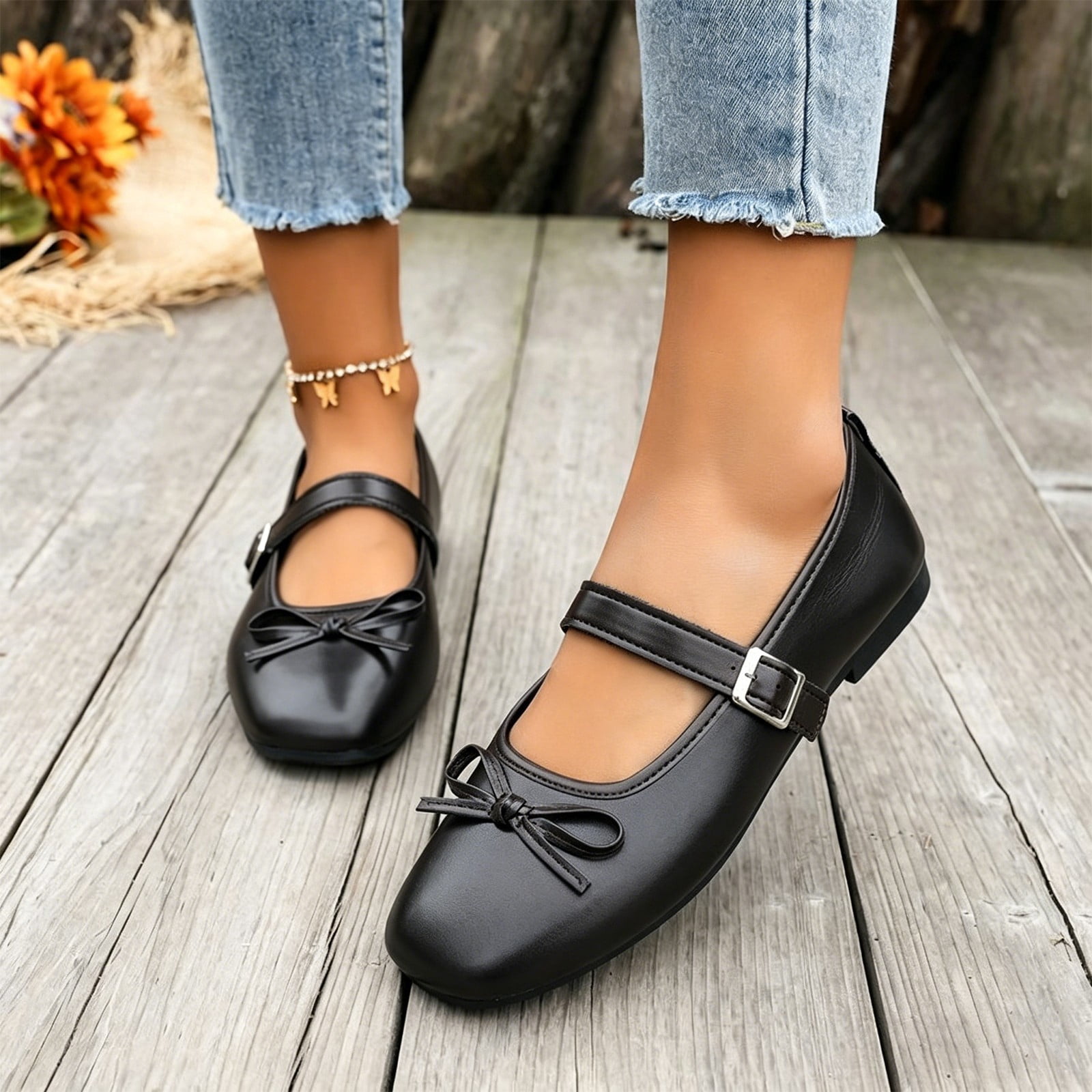 Women's Bow Decor Mary Jane Flat Shoes, Buckle Strap Soft Faux Leather ...