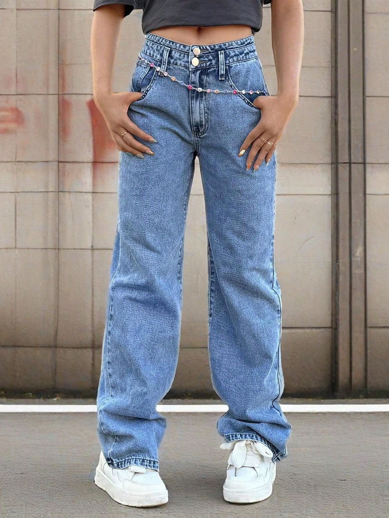 Women's Boyfriend Style Light Wash High Waisted Double Button Straight ...