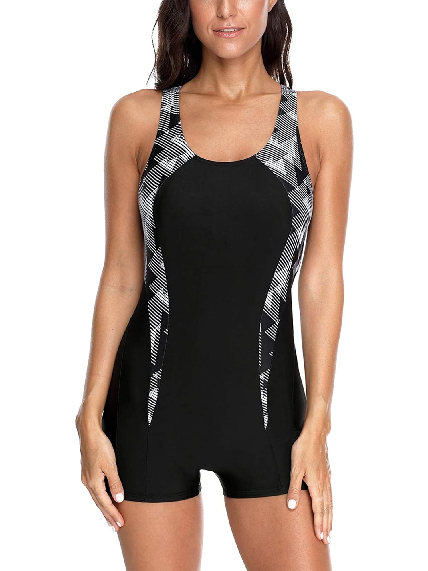 Women's Boyleg One Piece Athletic Swimsuit Color Blocked Racerback ...