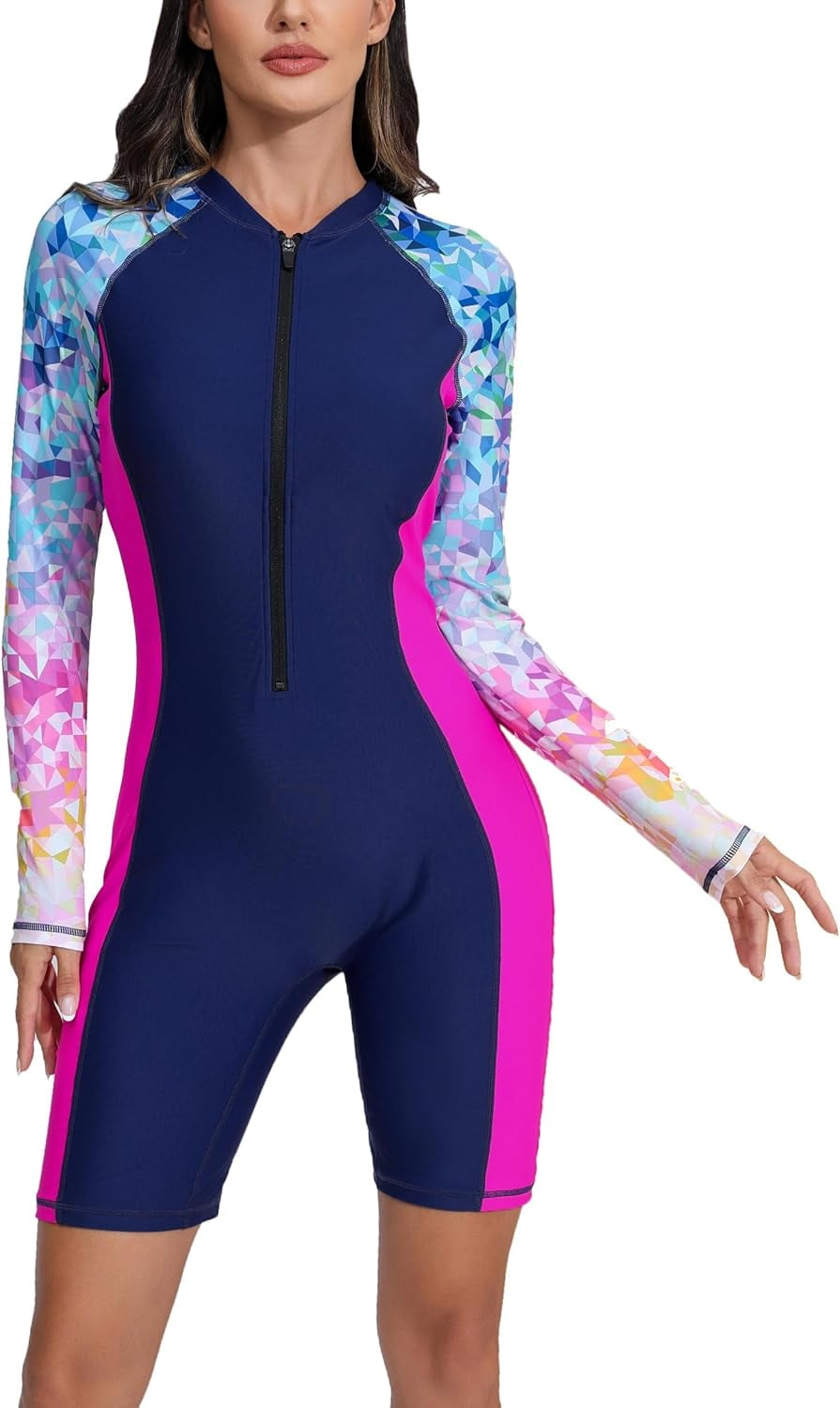Women's Boyleg One Piece Rash Guard with Built in Bra UPF50+ Zip Long ...