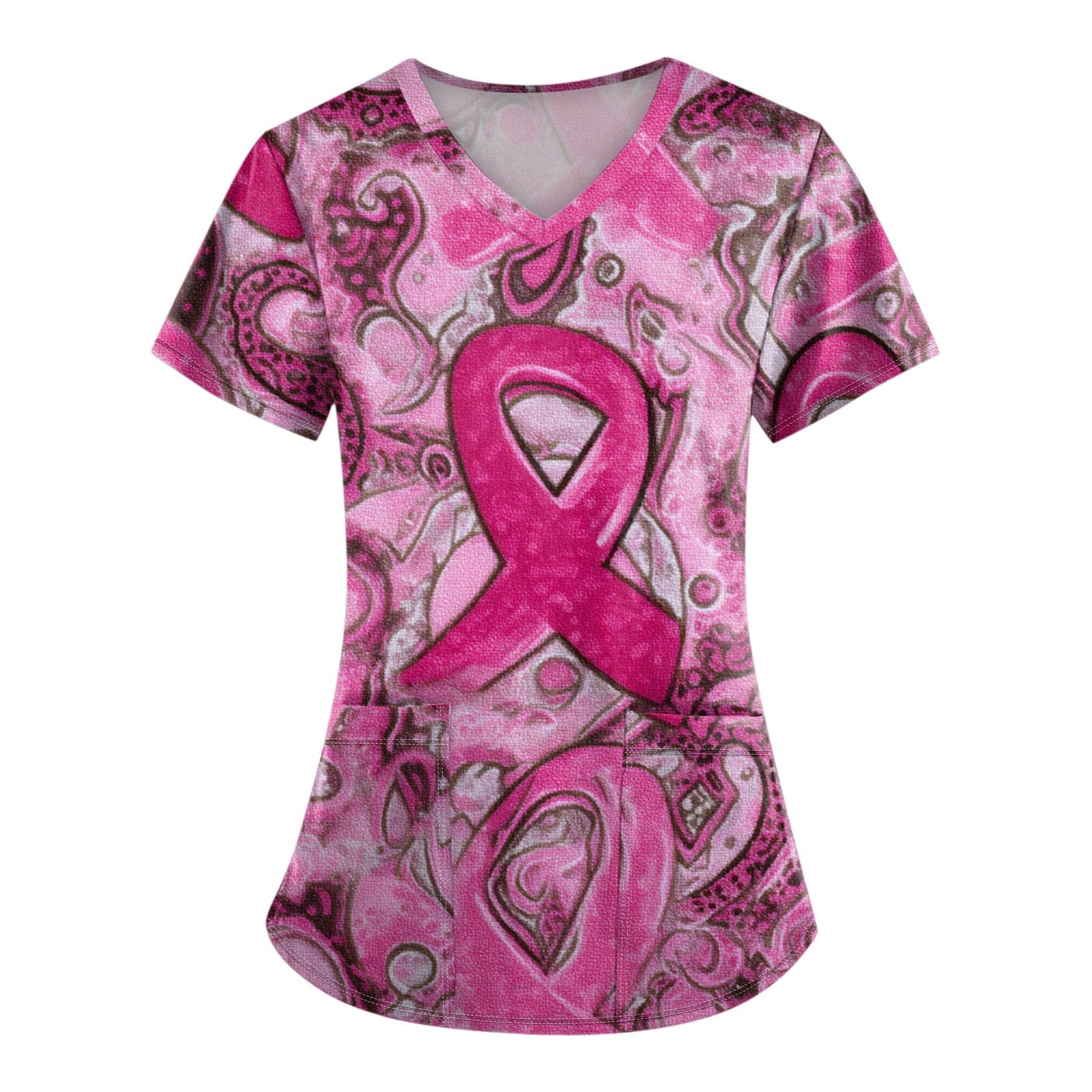 Women's All Over Breast Cancer Print, Nurse Uniforms 2025 Scrub Tops ...