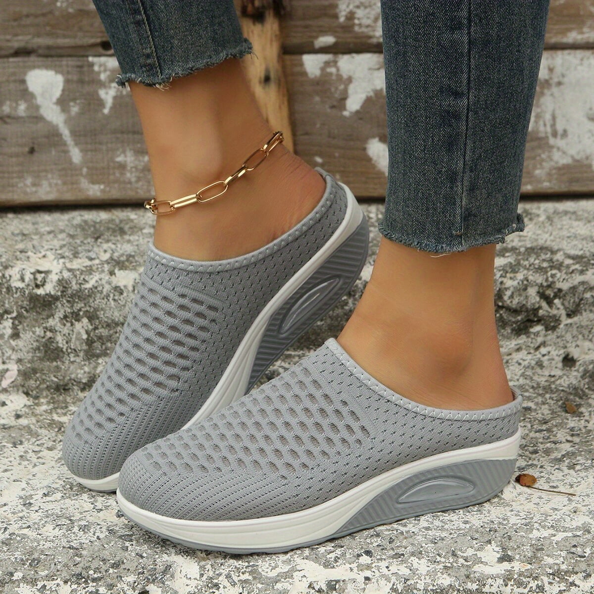 Women's Breathable Mule Sneakers, Comfortable Round Shoes, Women's Air ...
