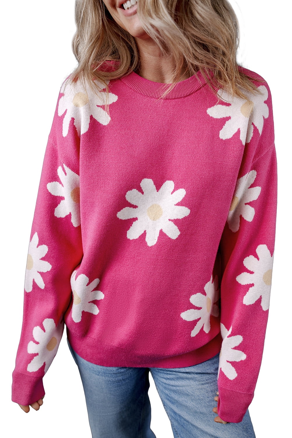 Women's Bright Pink Daisy Flower Crew Neck Long Sleeve Sweater – Cozy ...