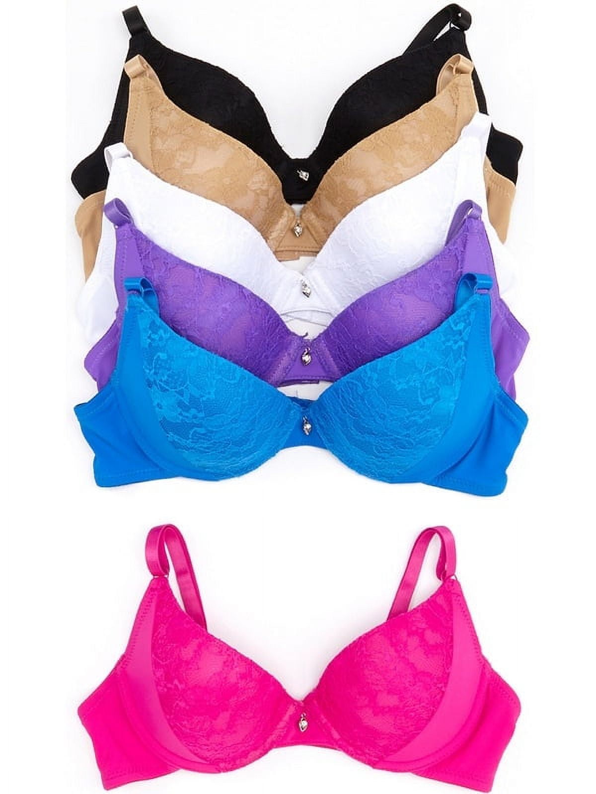Women's Bright Tone Lace Jacquard Full-Cup Bra Set (Pack of 6) 32B ...