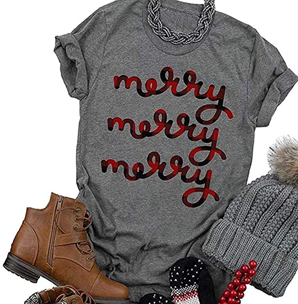 Women's Holiday Apparel: Buffalo Plaid Merry Christmas Tees, Casual ...