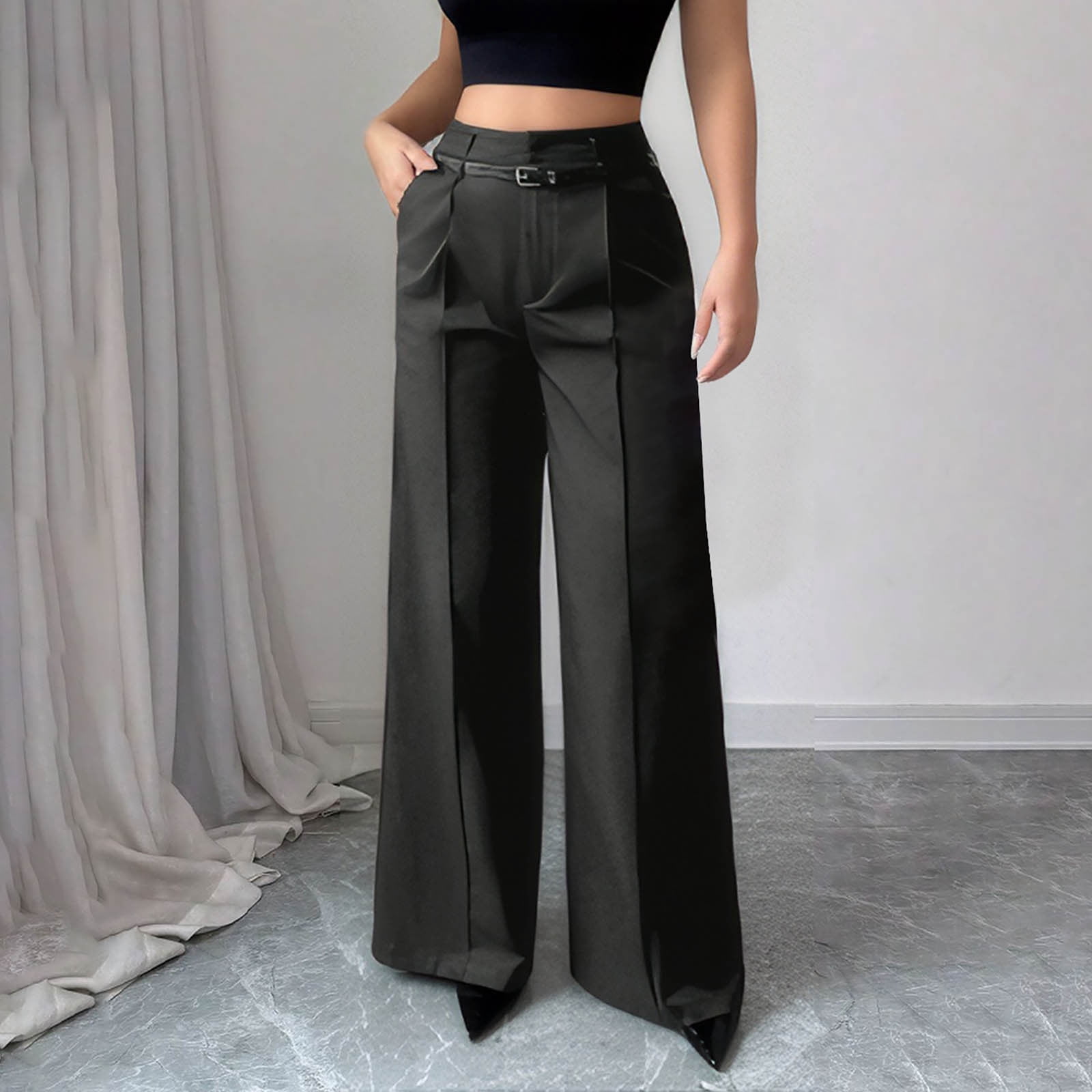 Women's Business Pants Wide Leg Pleated Dressy Work Pants High Waisted ...