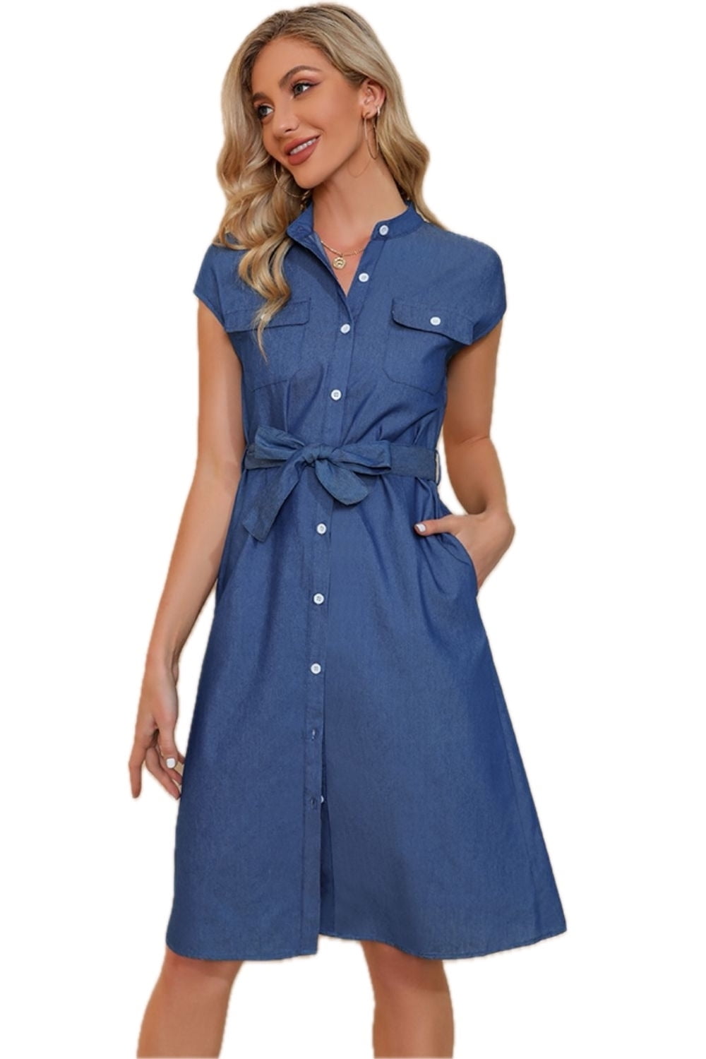 Women's Button Down Belted Denim Dress with Pockets Knee Length Band ...