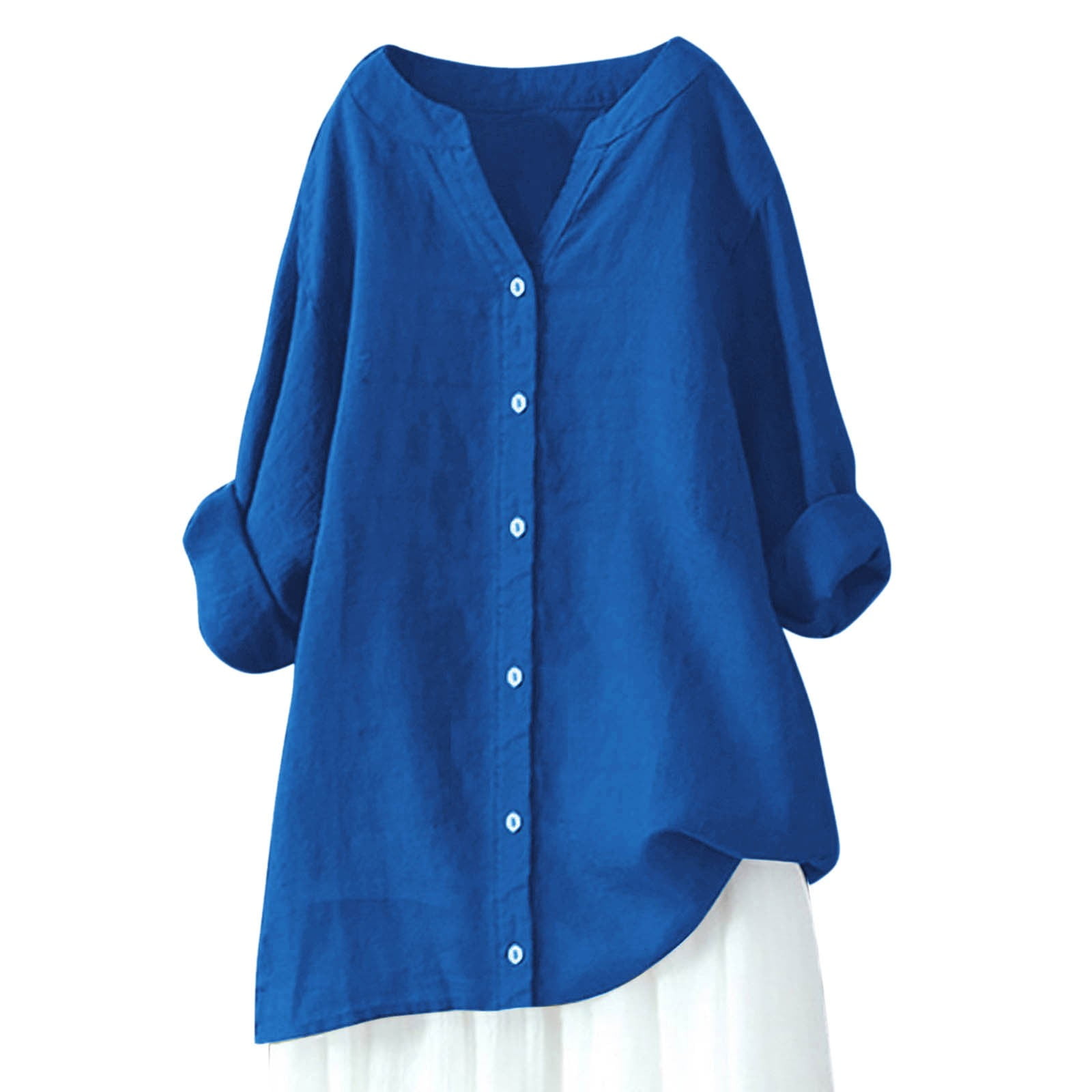 Women's Button Down Blouse Solid Color Long Sleeved V-Neck Tunic Tops ...