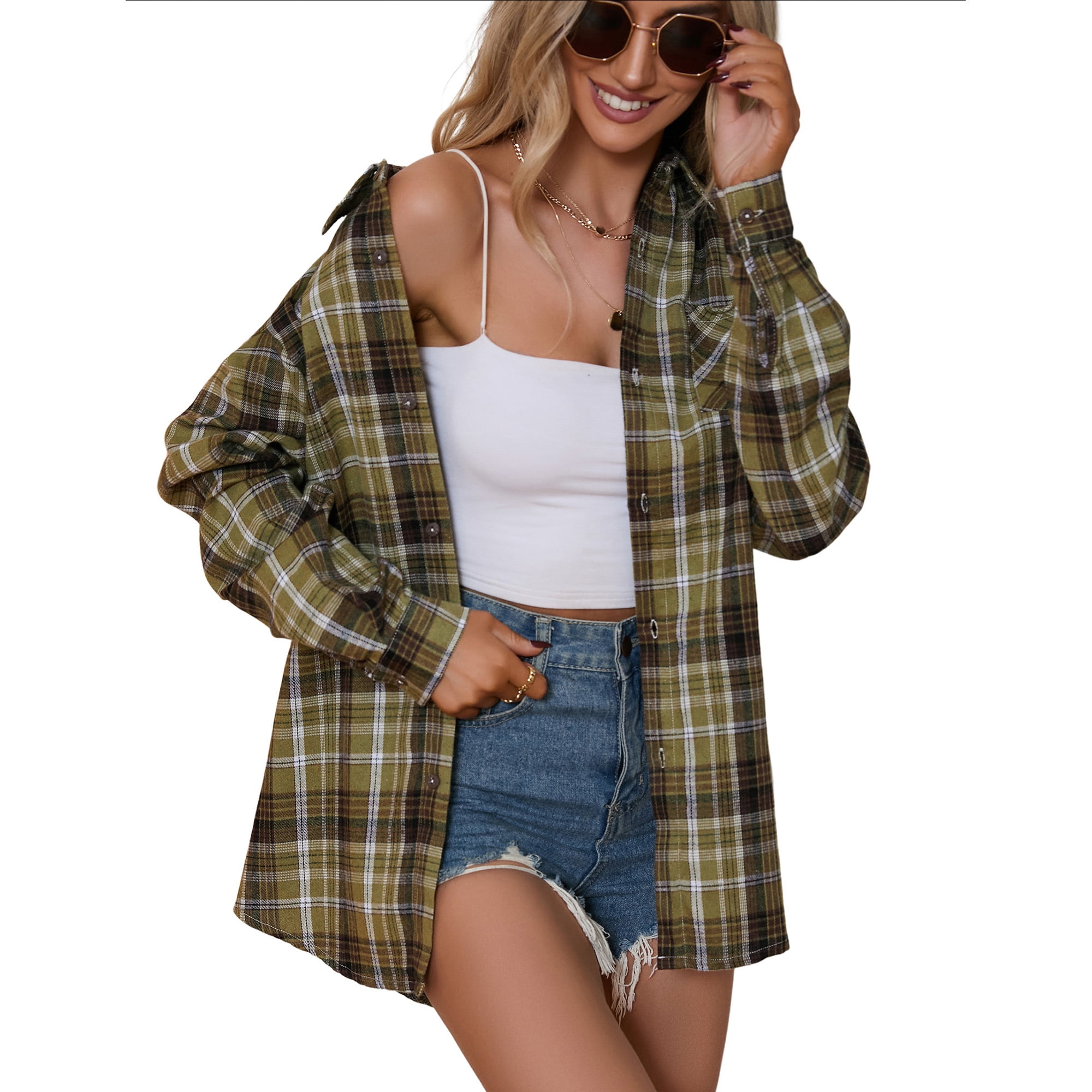 Women's Button Down Flannel Shirts Plaid Shacket Long Sleeve Collared ...
