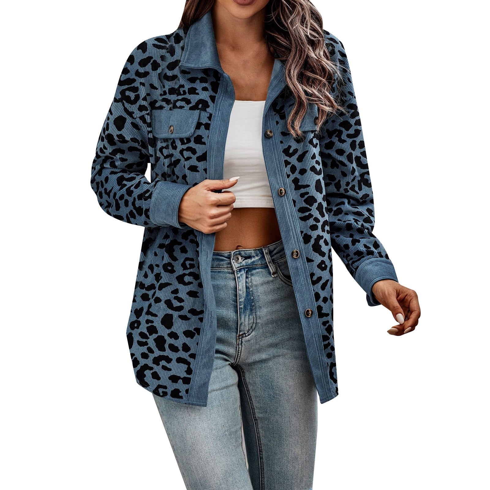 Women's Button Down Jackets Long Sleeves Oversized Leopard Print ...