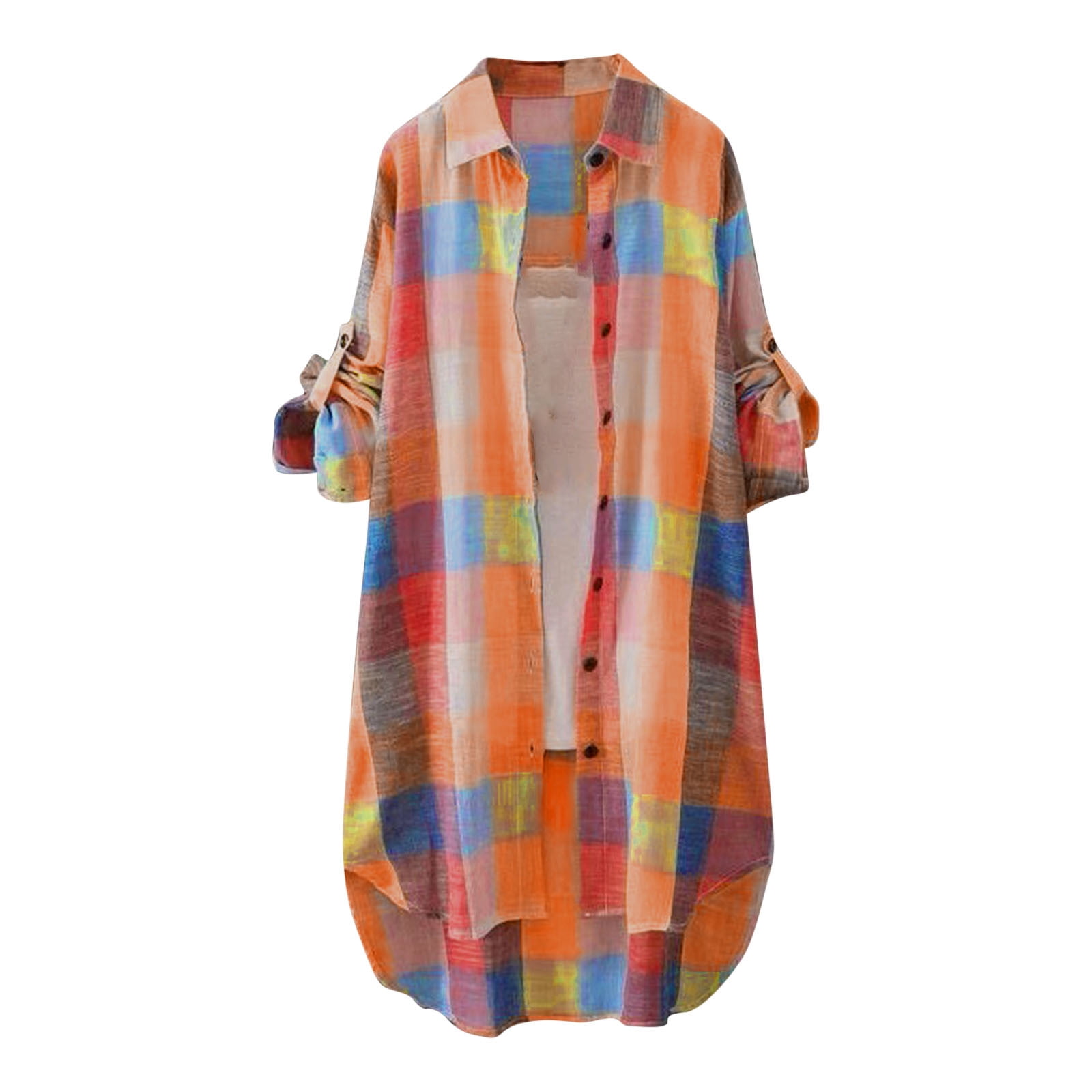Women's Button Down Oversized Plaid Shirts Plus Size Mid-Length Blouses ...