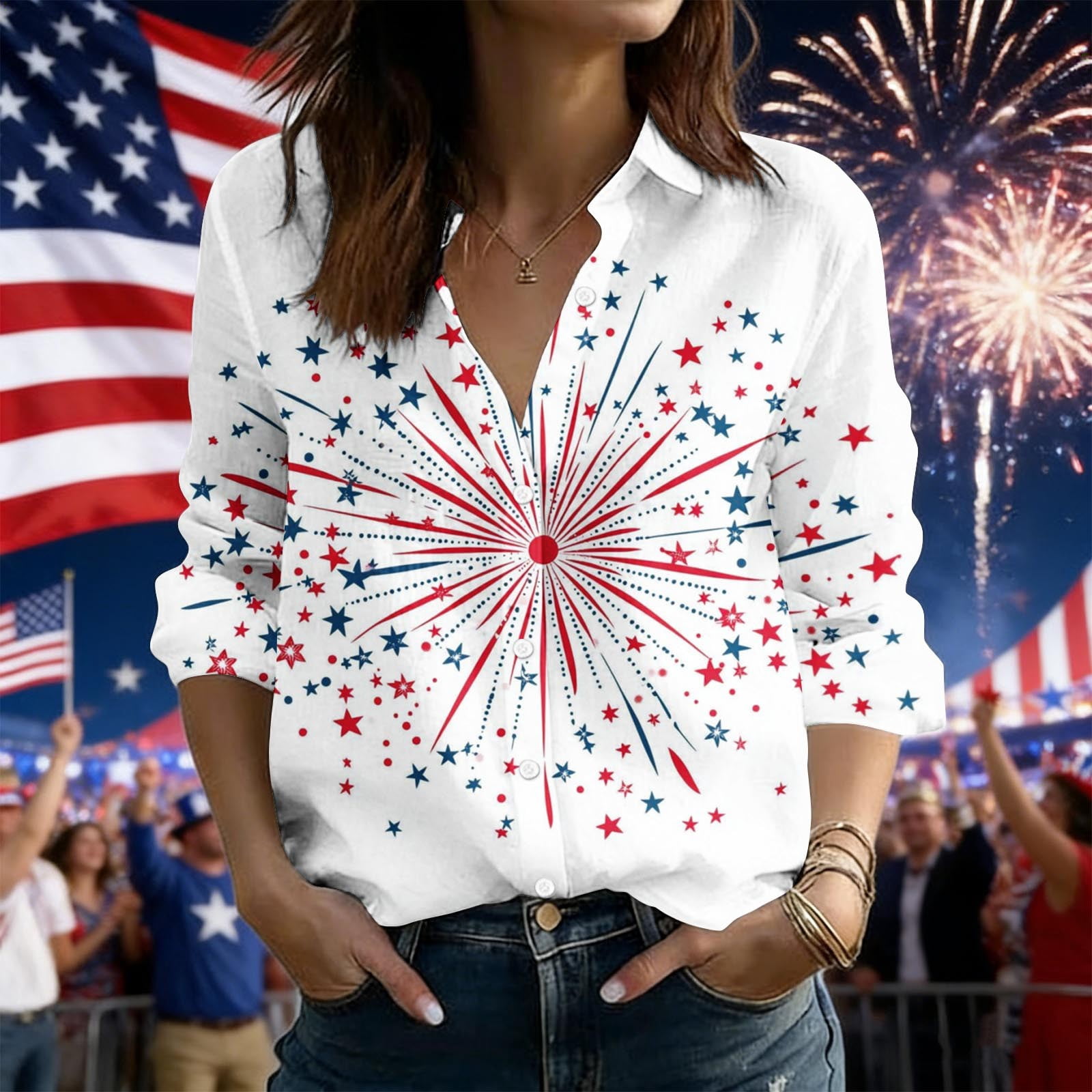 Women's Button Down Shirt Independence Day Birthday American Flag ...