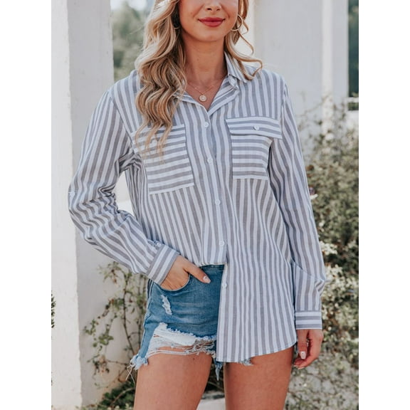 Airmenty Women's Button Down Shirts Long Sleeve Smocked Cuffed Striped ...