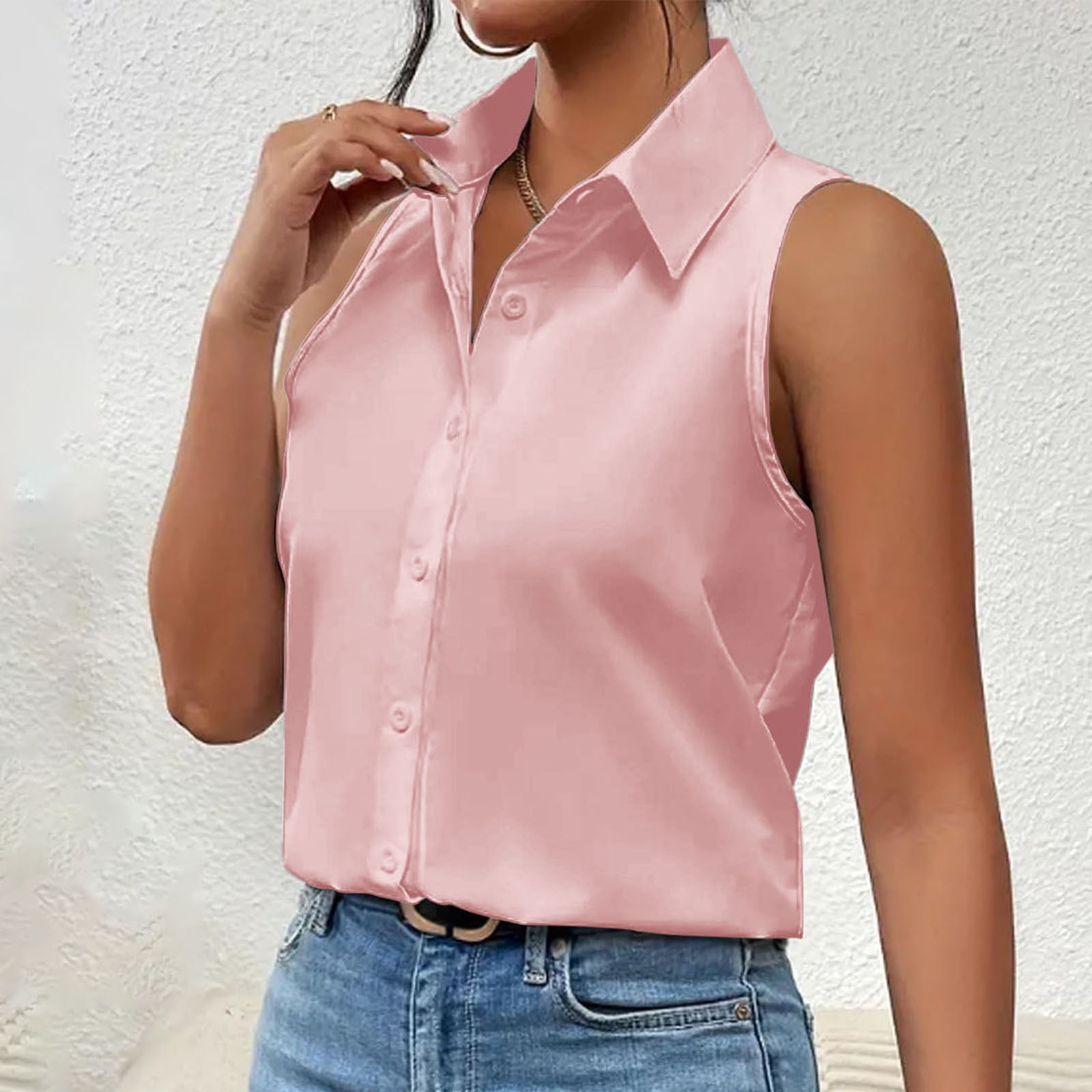 Women's Button Down Sleeveless Shirt Blouse Casual Solid Collar Office ...
