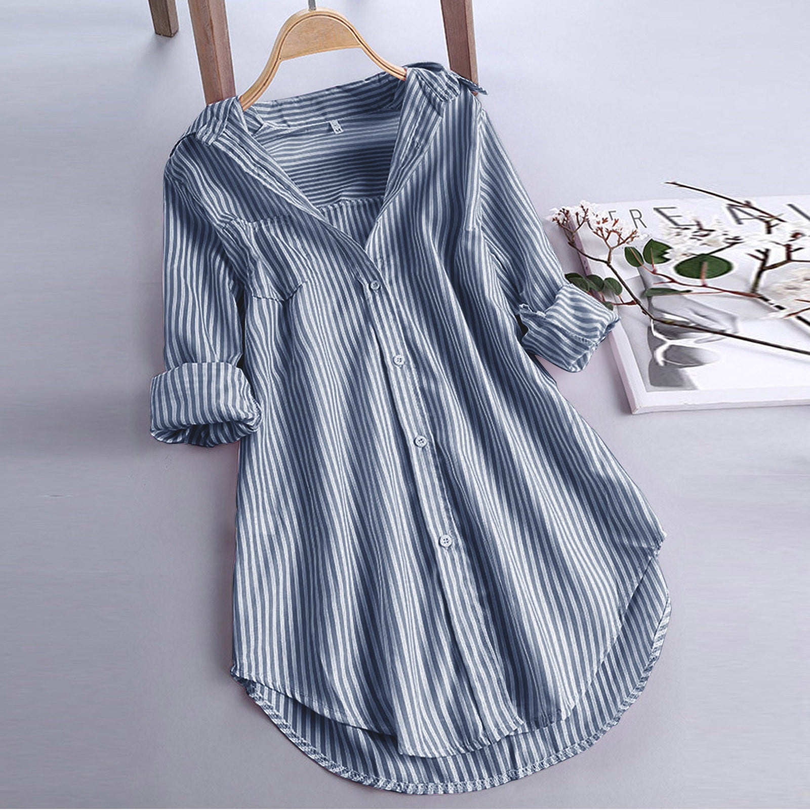 Women's Button Down Tunic Shirts Basic Striped Roll-up Long Sleeve ...