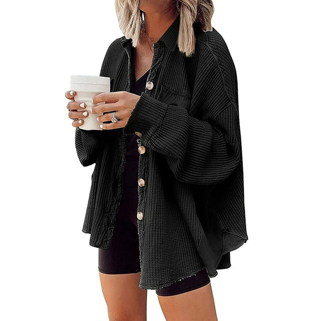 Women's Button Down Waffle Knit Shacket Long Sleeve Boyfriend Shirt ...