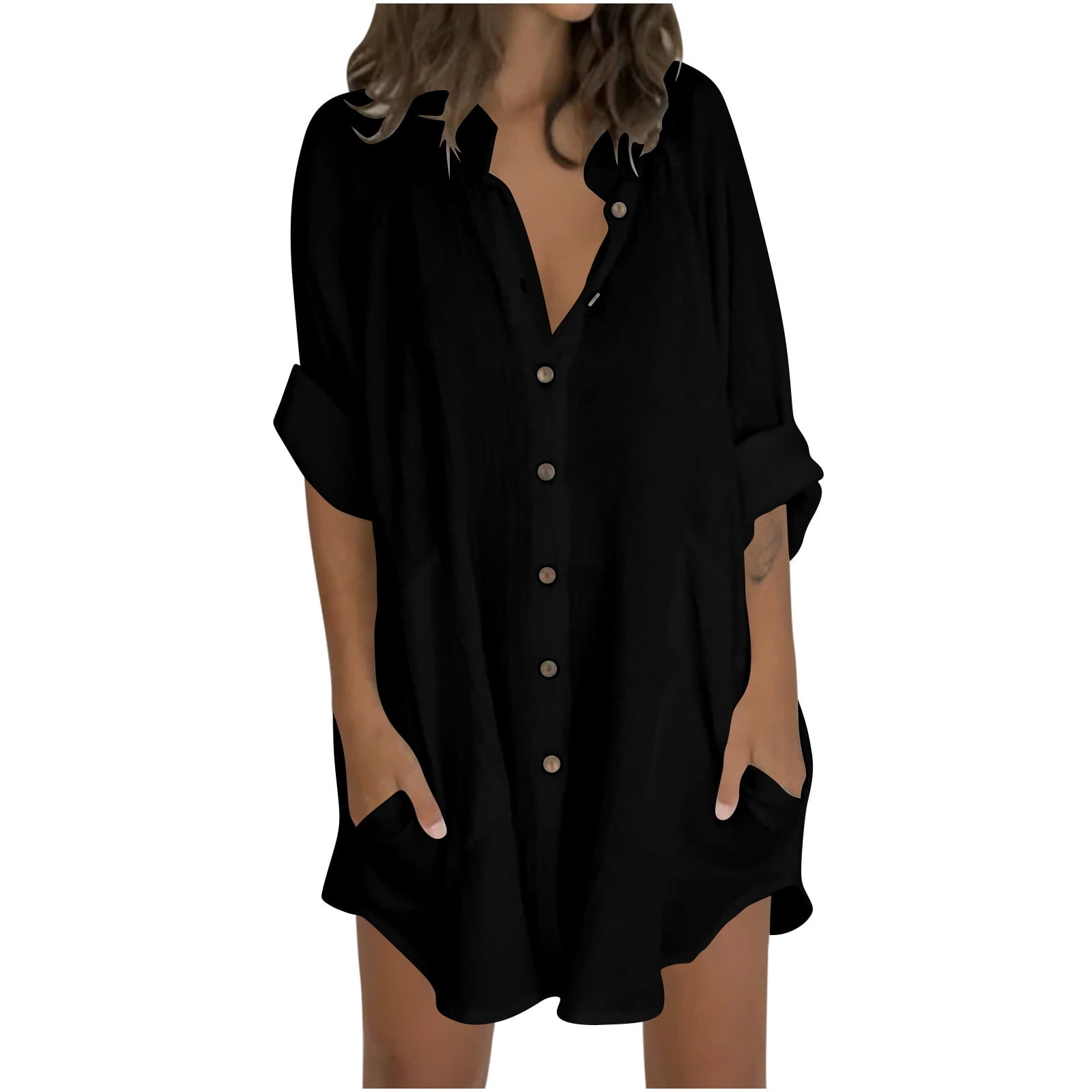 Women's Button Front Swimsuit Coverup Casual Beachwear Roll Up Short ...