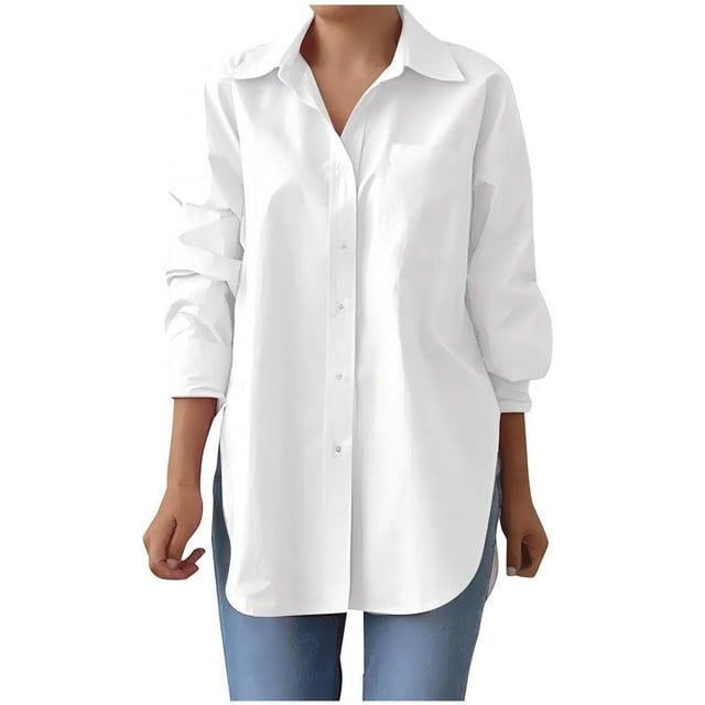 Women's Button up Tunic Shirt Classic Lapel Long Sleeve Tees with ...
