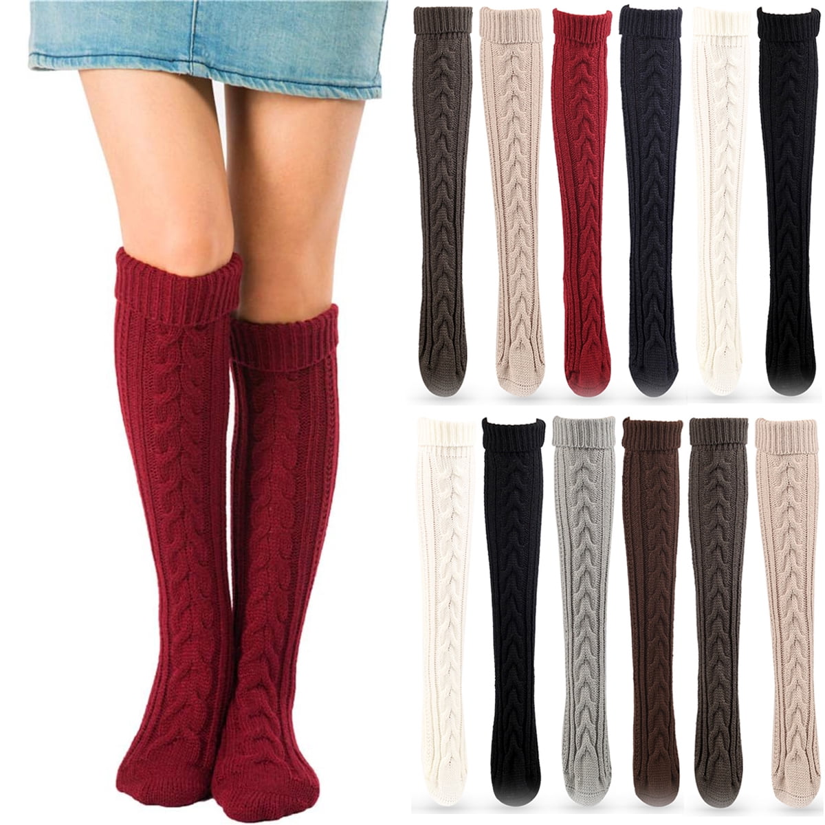 Women's Cable Knit Long Boot Stocking Socks Knee High Winter Leg ...