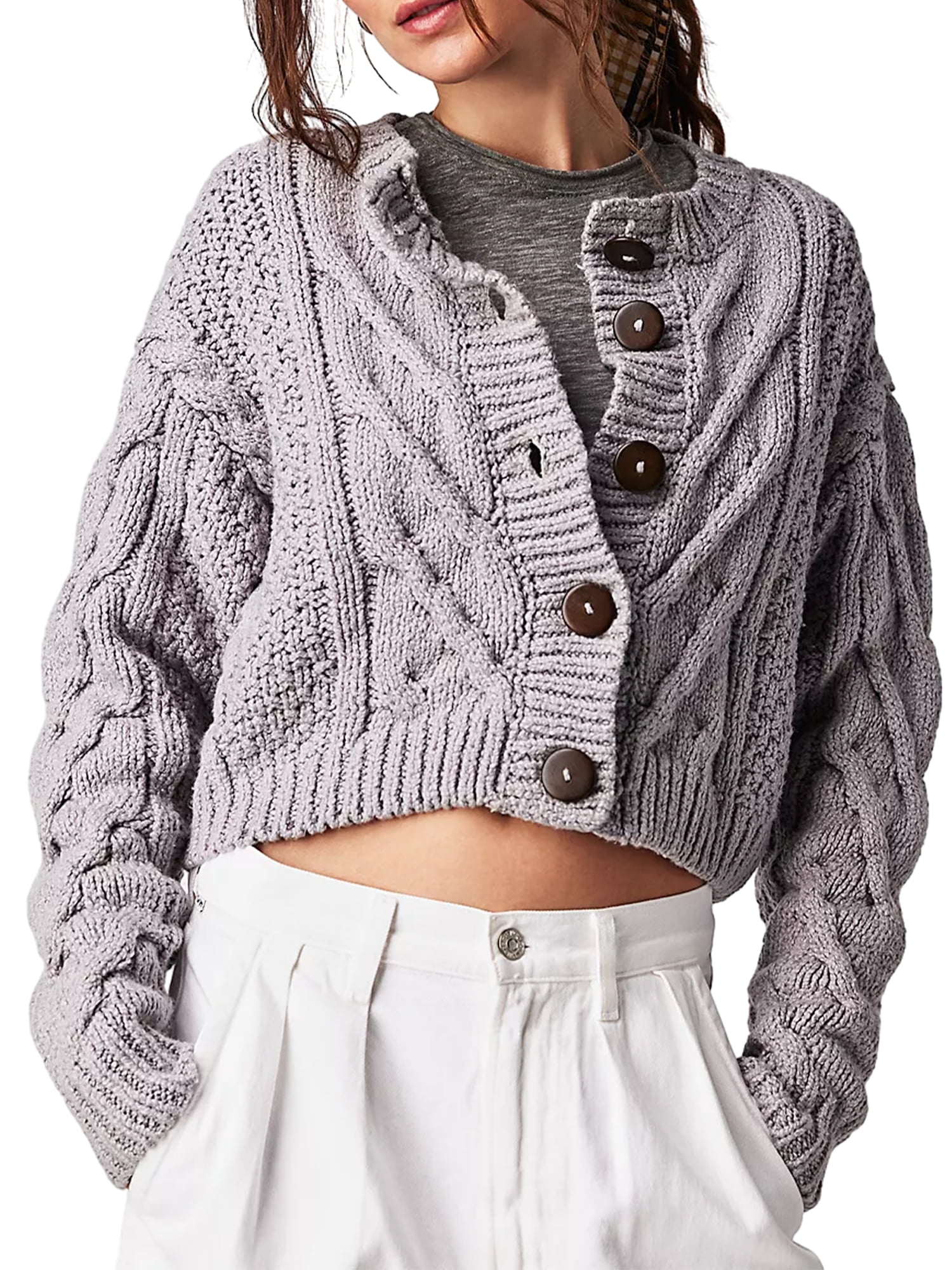 Women's Cable Knit Sweater Long Sleeve Round Neck Solid Color Button Down Cropped Cardigan ...