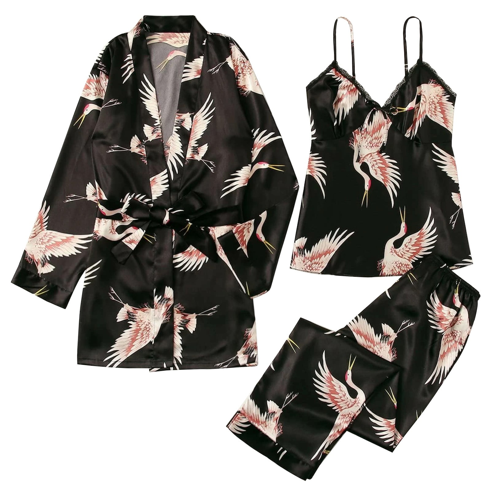Women's Cami Top and Long Pants Set with Robe Sexy Pajama Print ...