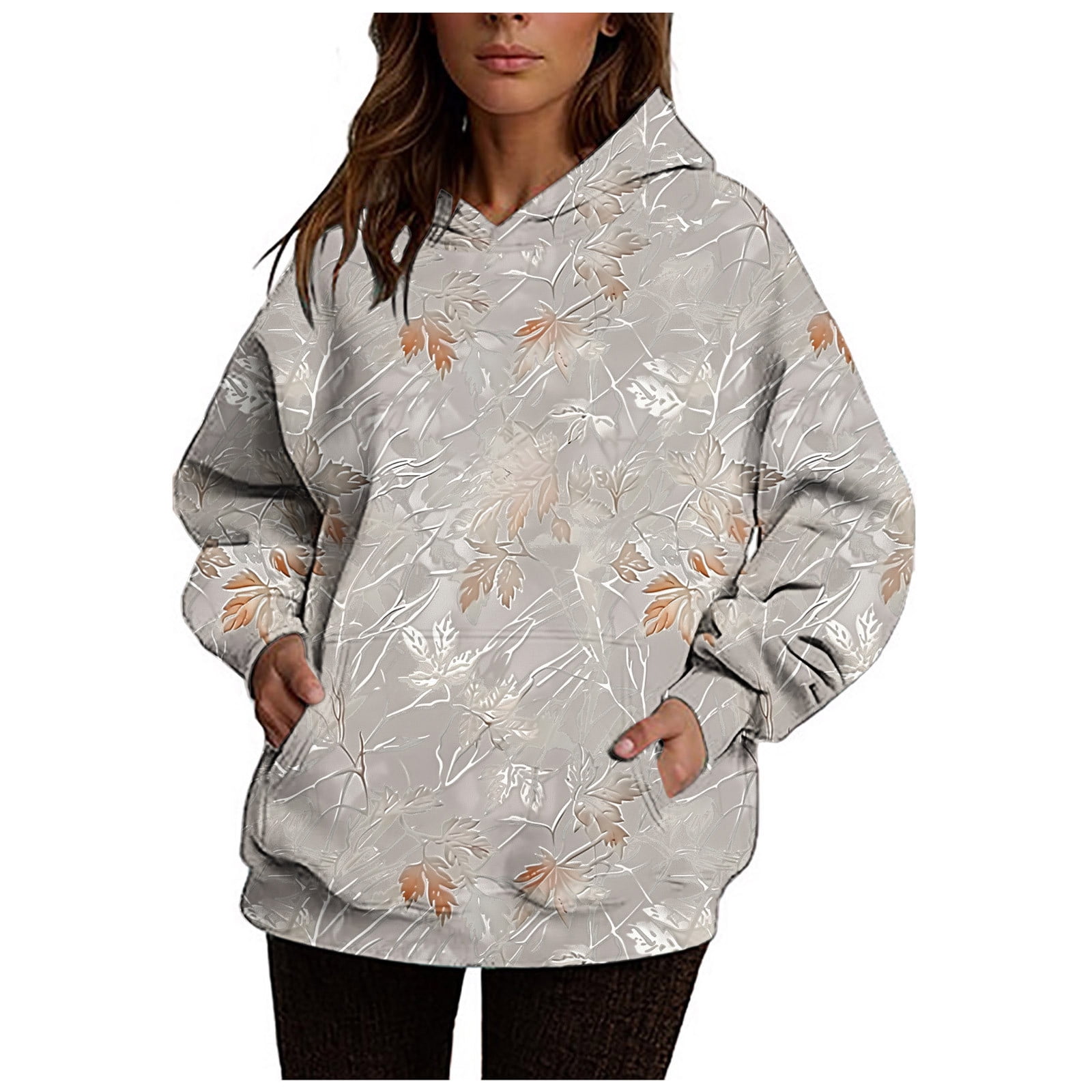 Women's Camo Hoodie Maple-Leaf Print Oversized Sweaters Fleece Casual ...