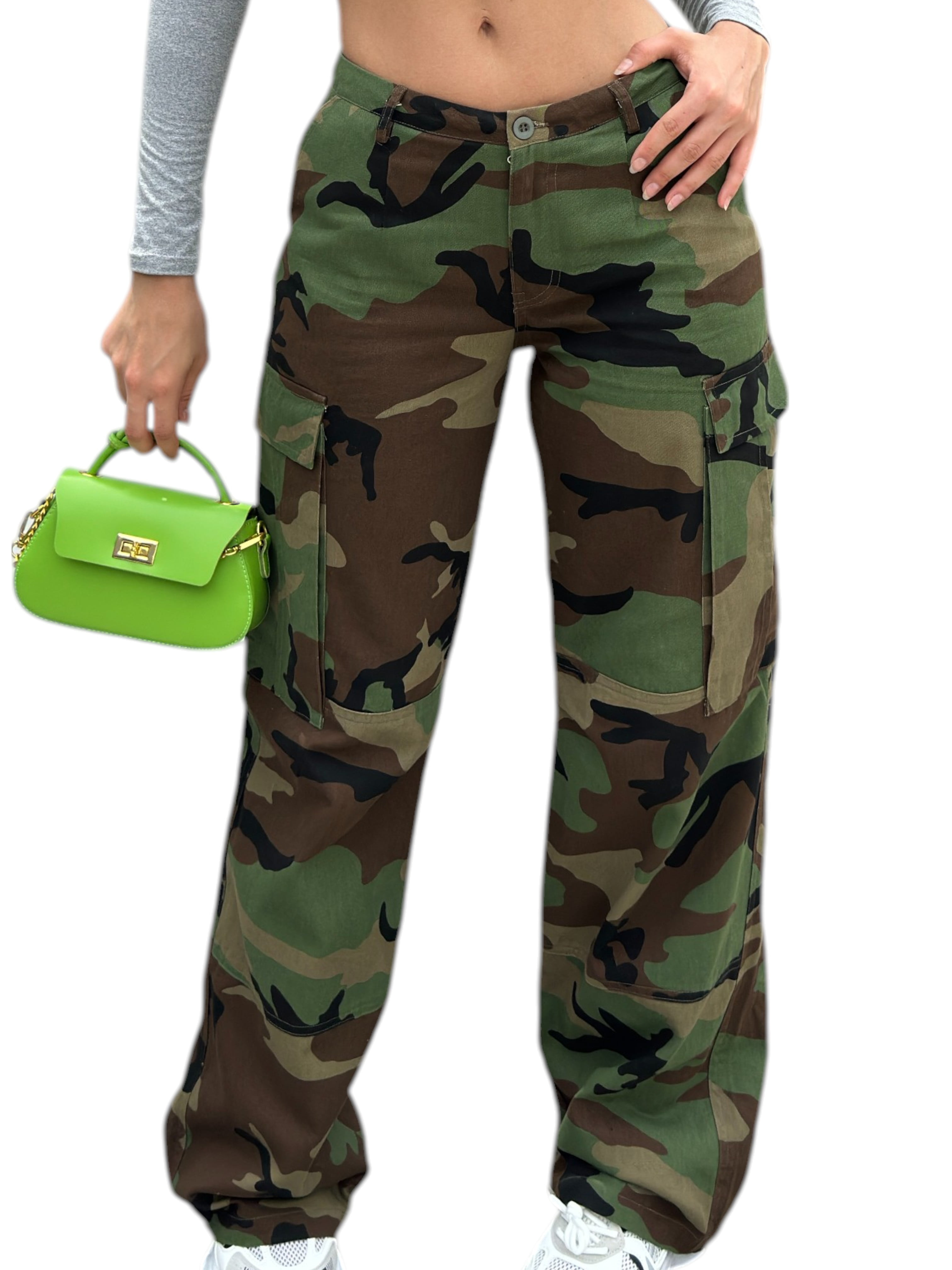 Women's High-Waisted Camouflage Cargo Pants - Wide-Leg, Multi-Pocket ...