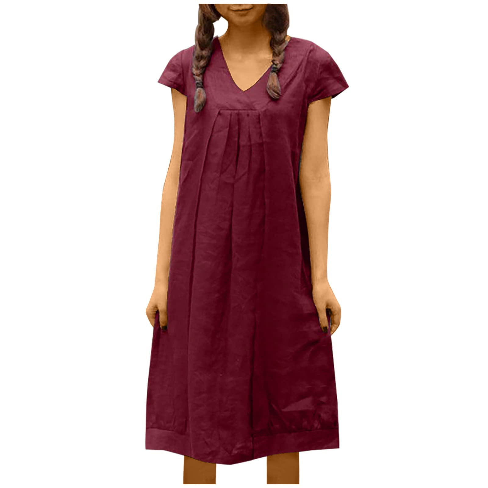 Womens Cap Sleeve Cotton Linen A Line Dress Summer V Neck Casual Loose