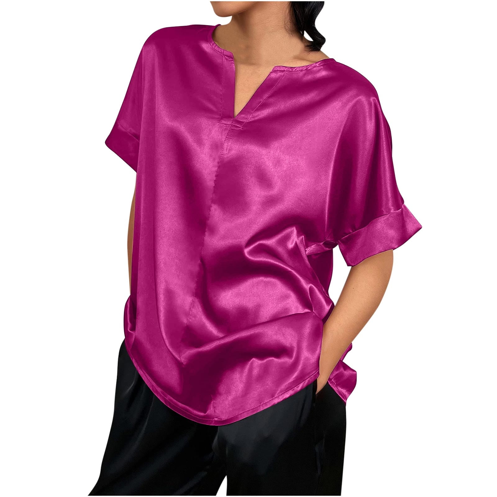 Women's Cap Sleeve Silk Tops V Neck Satin Blouse Solid Color Elegant ...
