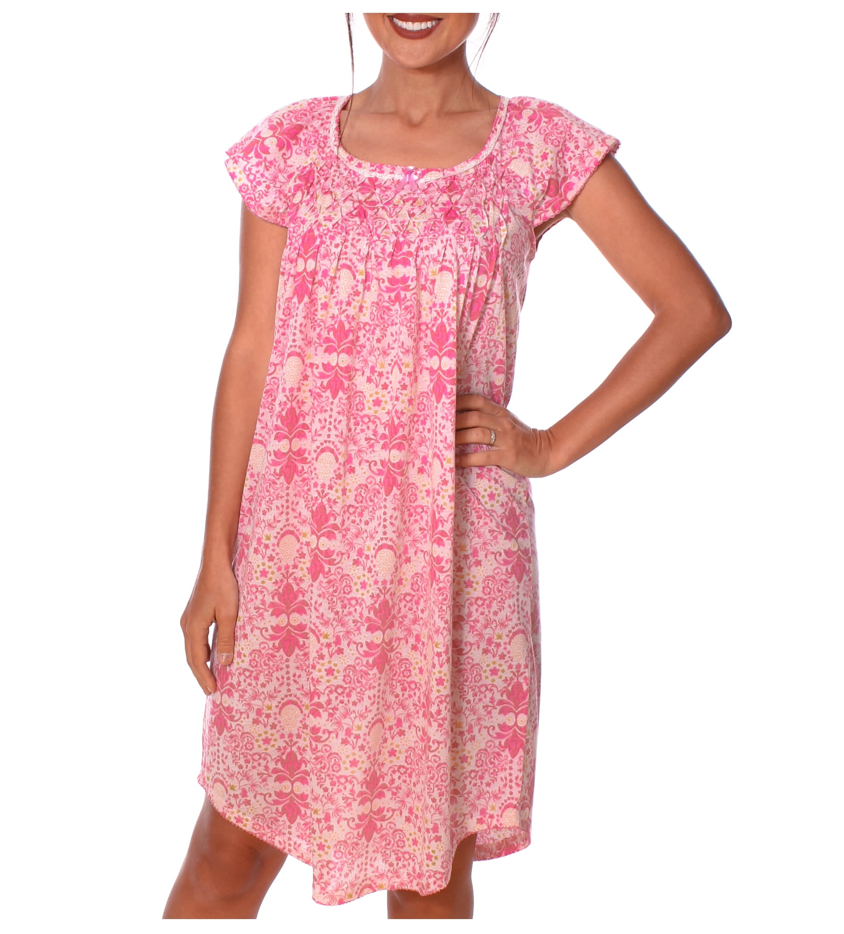 Women's Cap Sleeves Plus Size Nightgown with Fancy Smocked Ribbon ...