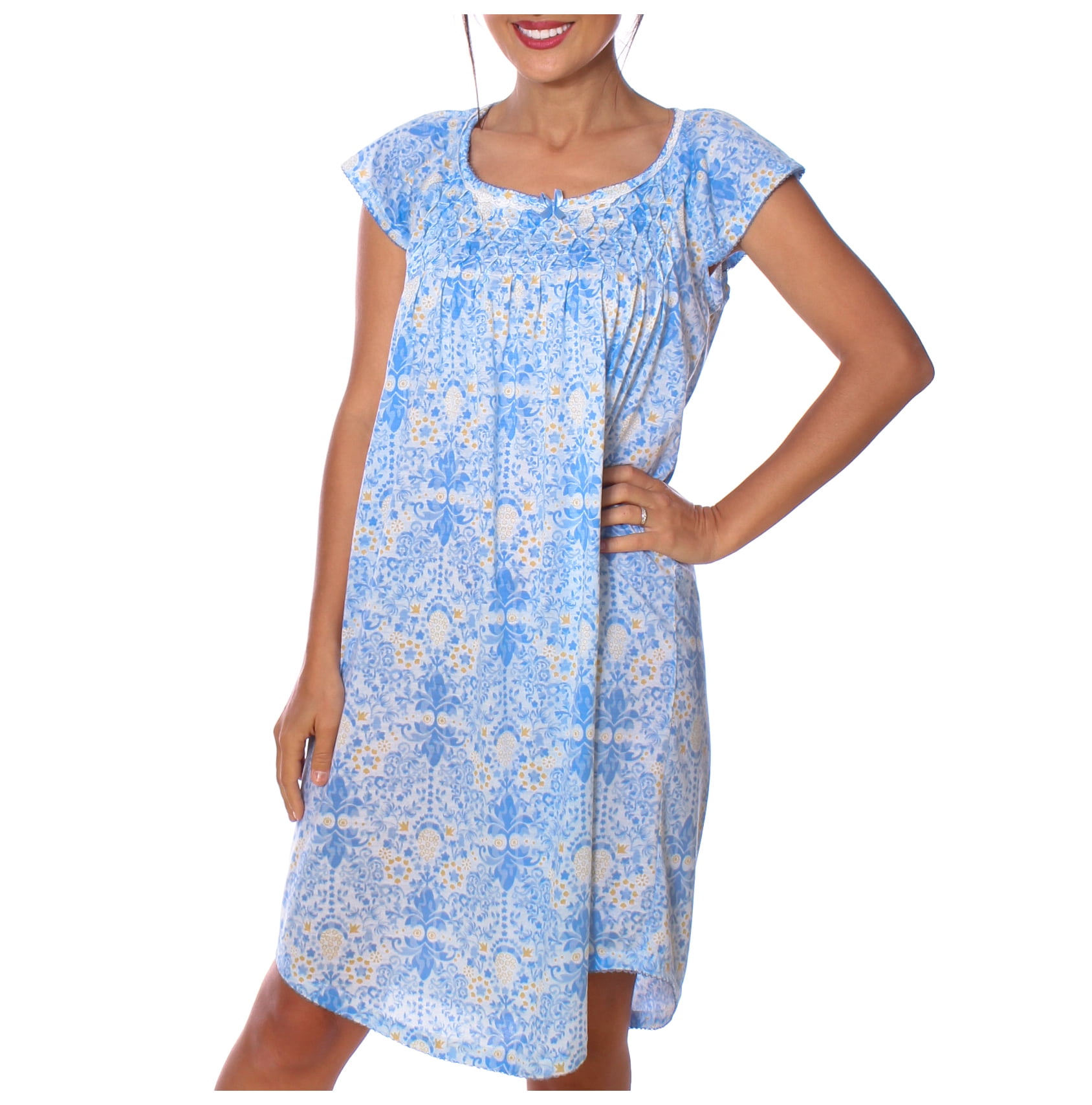 Women's Cap Sleeves Plus Size Nightgown with Fancy Smocked Ribbon ...