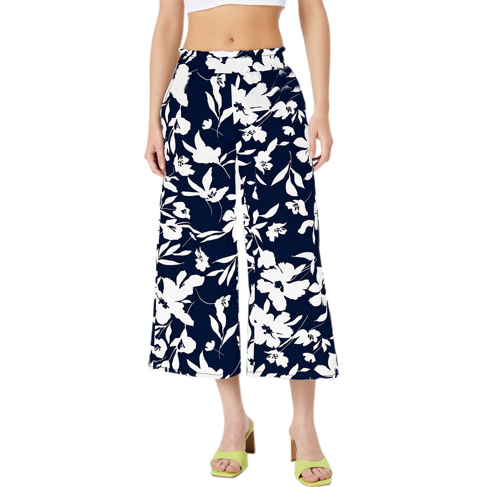 Women's Capri Pants Boho High Waisted Baggy Loose Wide Leg Stretchy ...