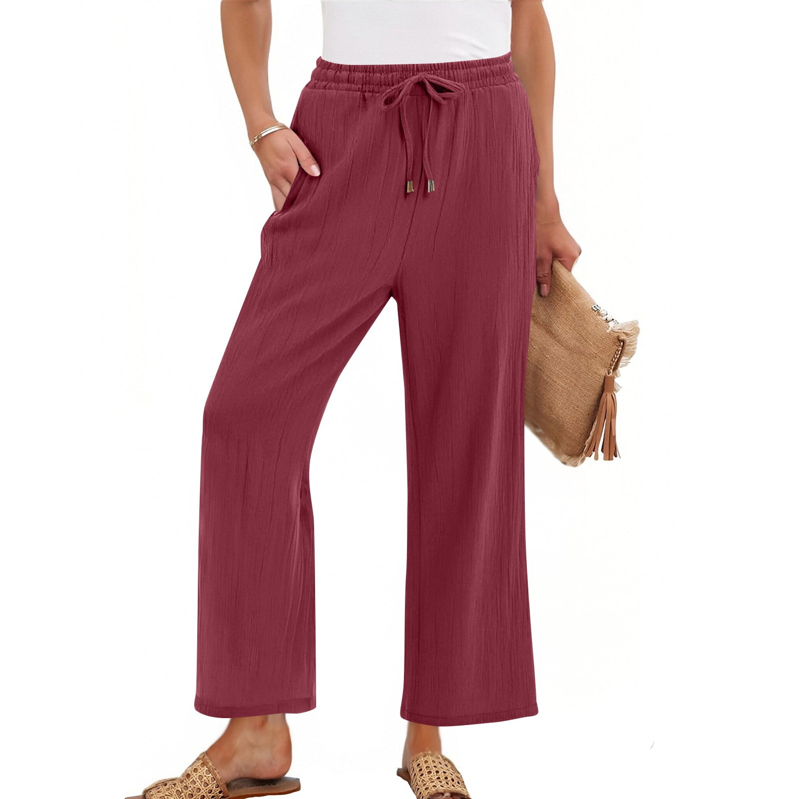 Women's Capri Pull on Drawstring Linen Pants High Waisted Ankle Length ...