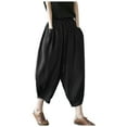 Womens Capris And Cropped Pants Solid Color Drawstring Elastic Cotton Linen Straight Cropped