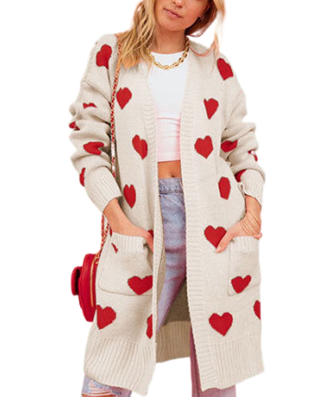 Women's Cardigan Sweater Valentine's Day Cute Heart Sweater Open Front ...