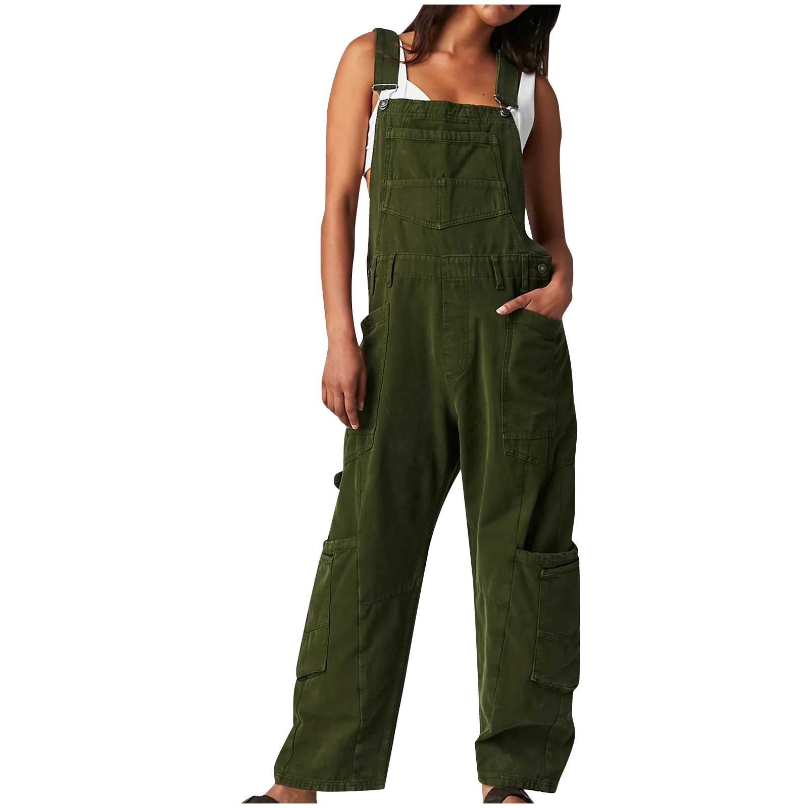 Women's Cargo Denim Bib Overalls Casual Loose Adjustable Straps Wide ...