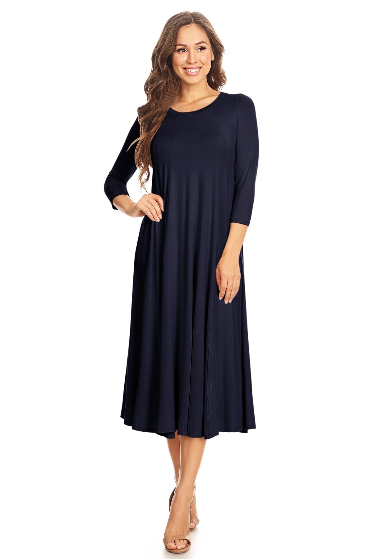 Moa Collection Women's Casual Comfy A-Line Dress, 3/4 Sleeves, Plus ...