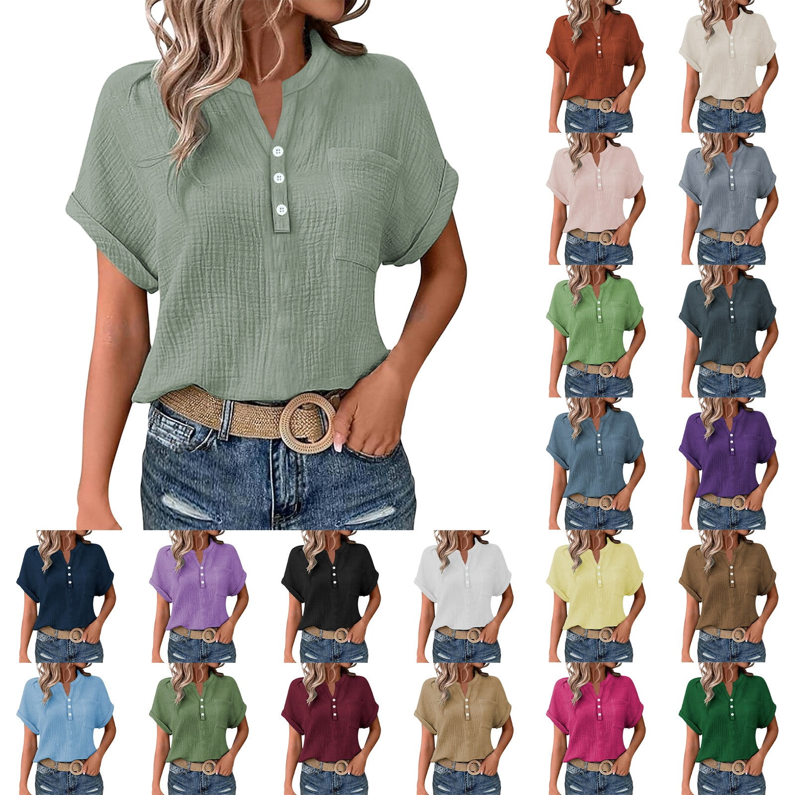 Women's Casual Batwing Sleeve Blouse with Pocket Double Layer Wrinkle ...