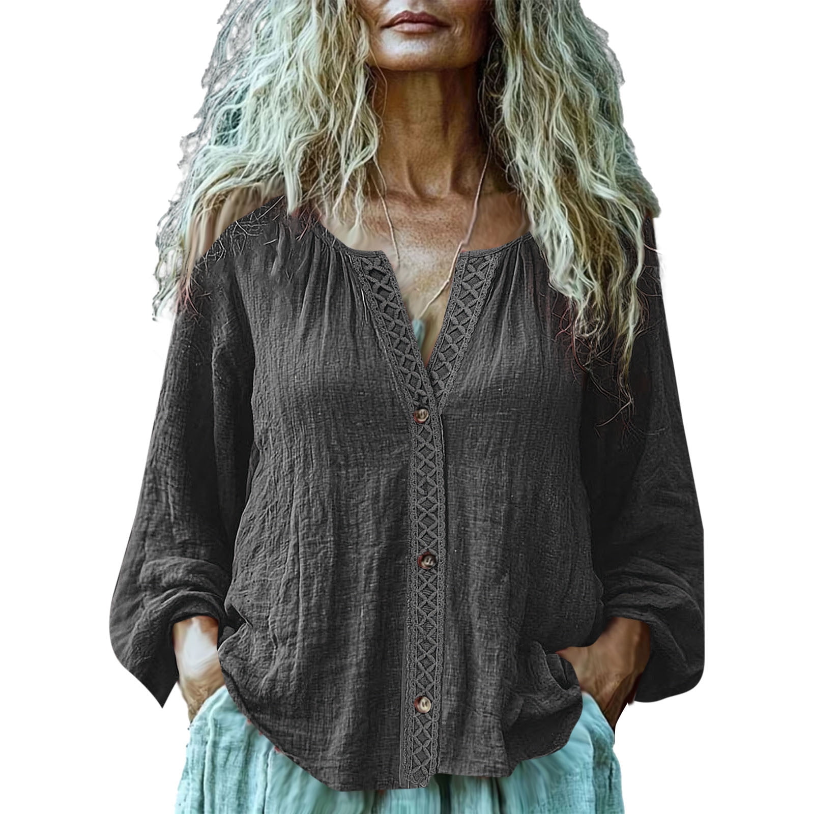 Women's Casual Blouse, Solid Color V-Neck Long Sleeve Button-Down Shirt ...